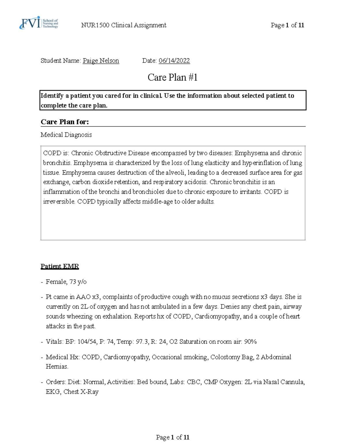 Copd care plan 06:2022 - COPD care Plan - NUR1500 Clinical Assignment ...