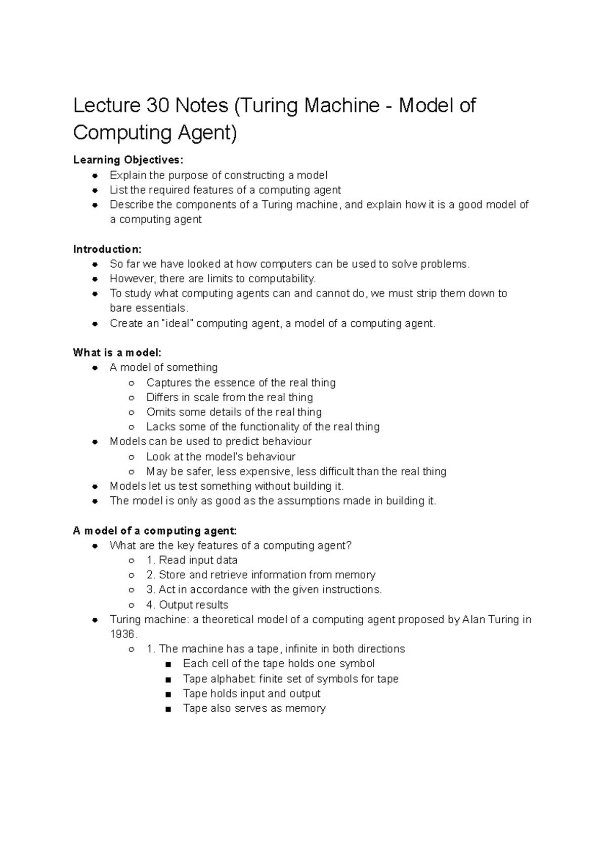 Lecture 30 Notes (Turing Machine - Model of Computing Agent) - However ...