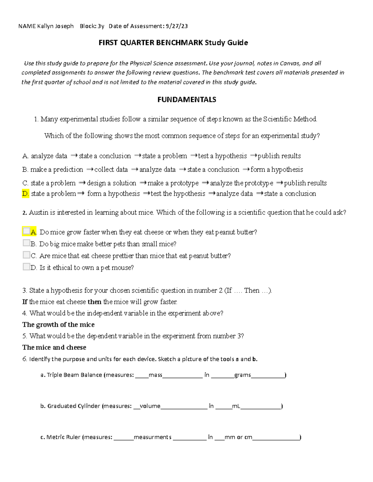 Copy of First Quarter Benchmark Study Guide 2023 - NAME Kailyn Joseph Block: 3y Date of ...