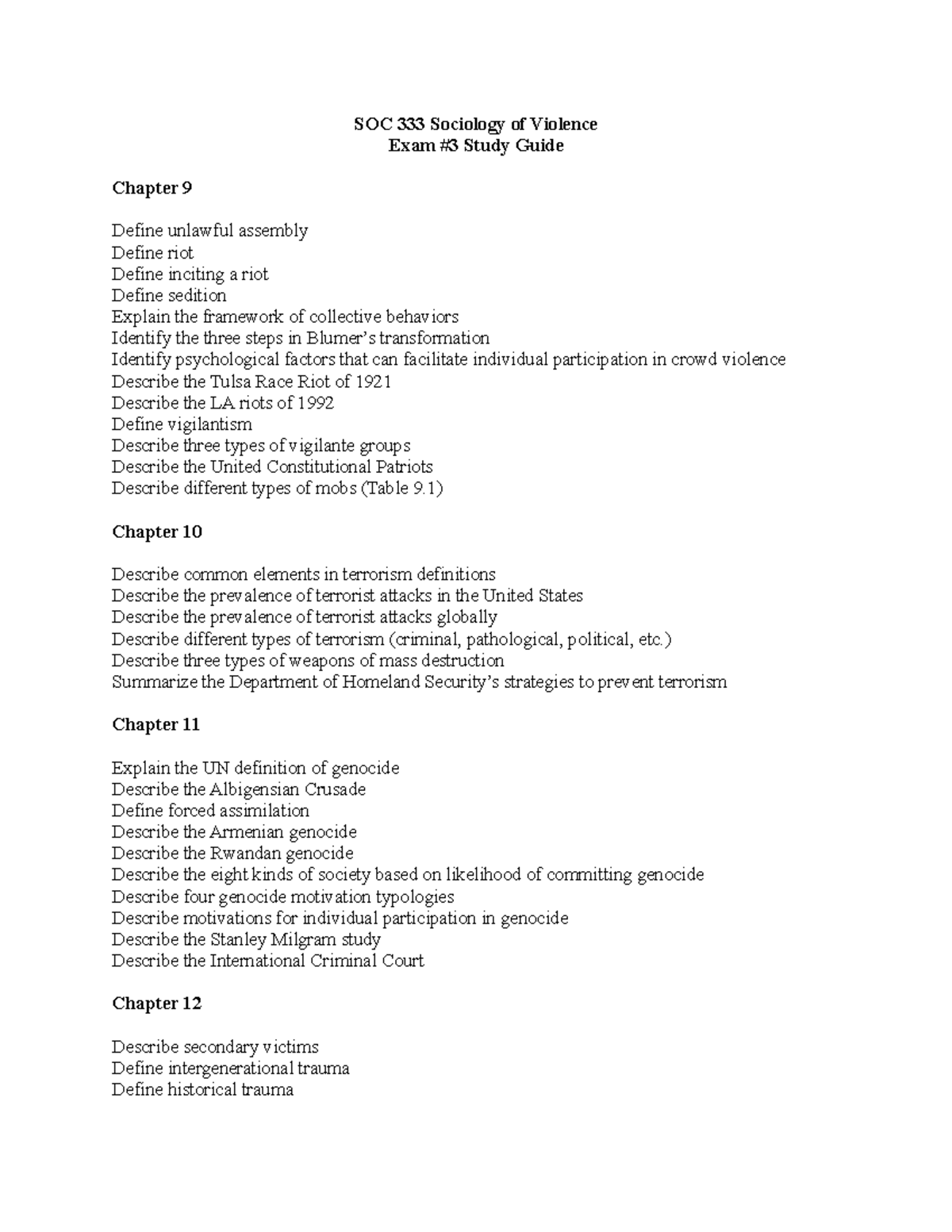 Exam #3 Study Guide - SOC 333 Sociology of Violence Exam #3 Study Guide ...