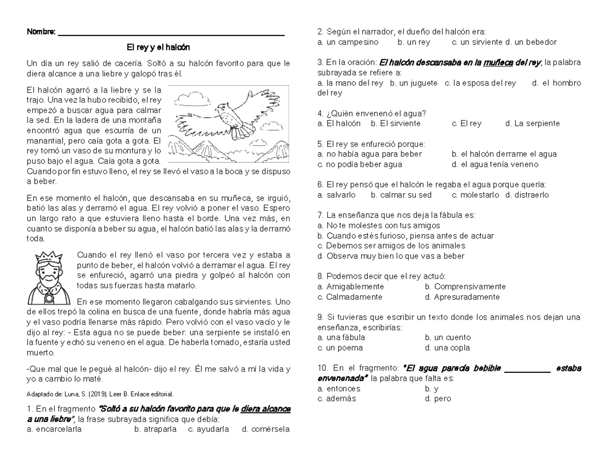 El rey y el halcón - Comprensión lectora - Nombre: - Studocu