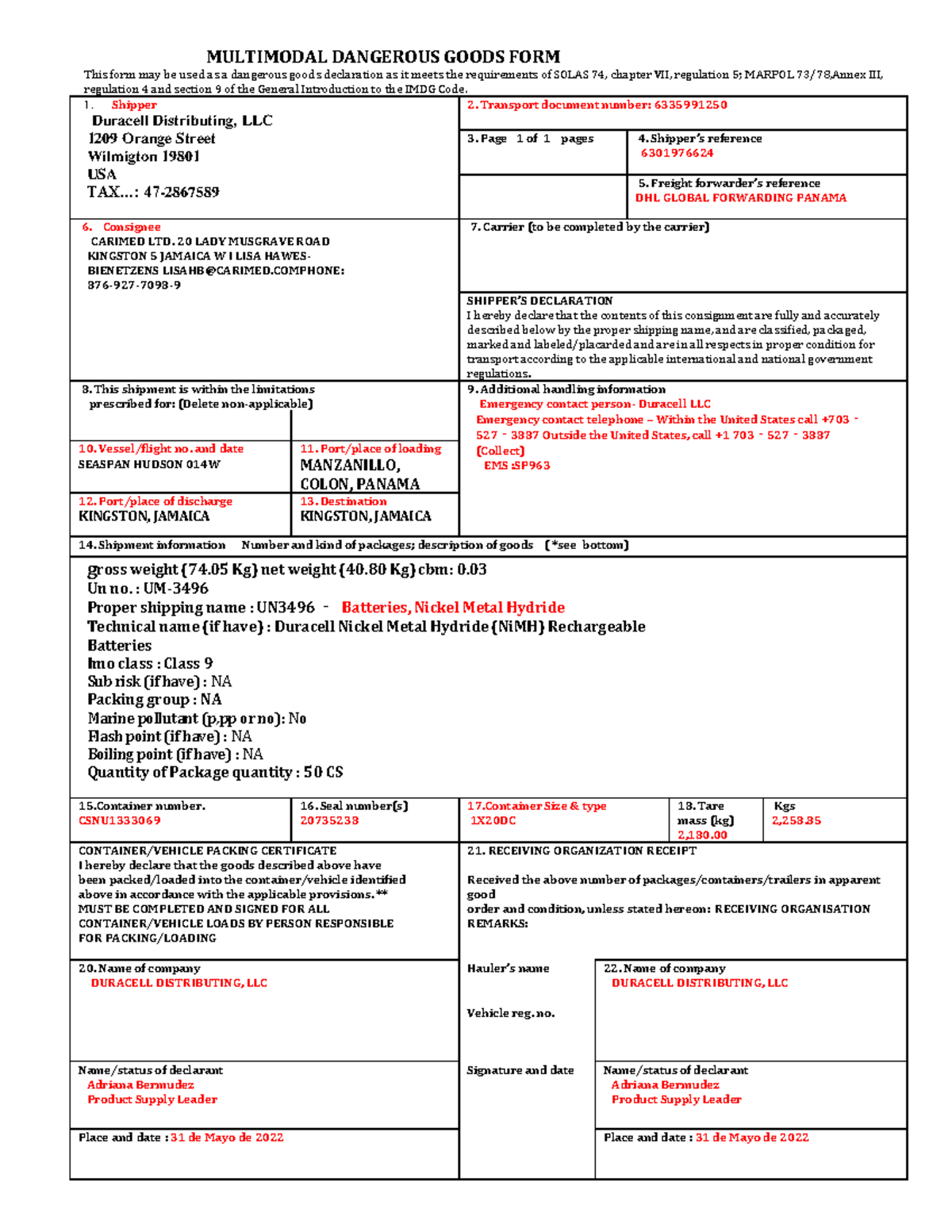 Multimodal 6335991250 - MULTIMODAL DANGEROUS GOODS FORM This form may ...