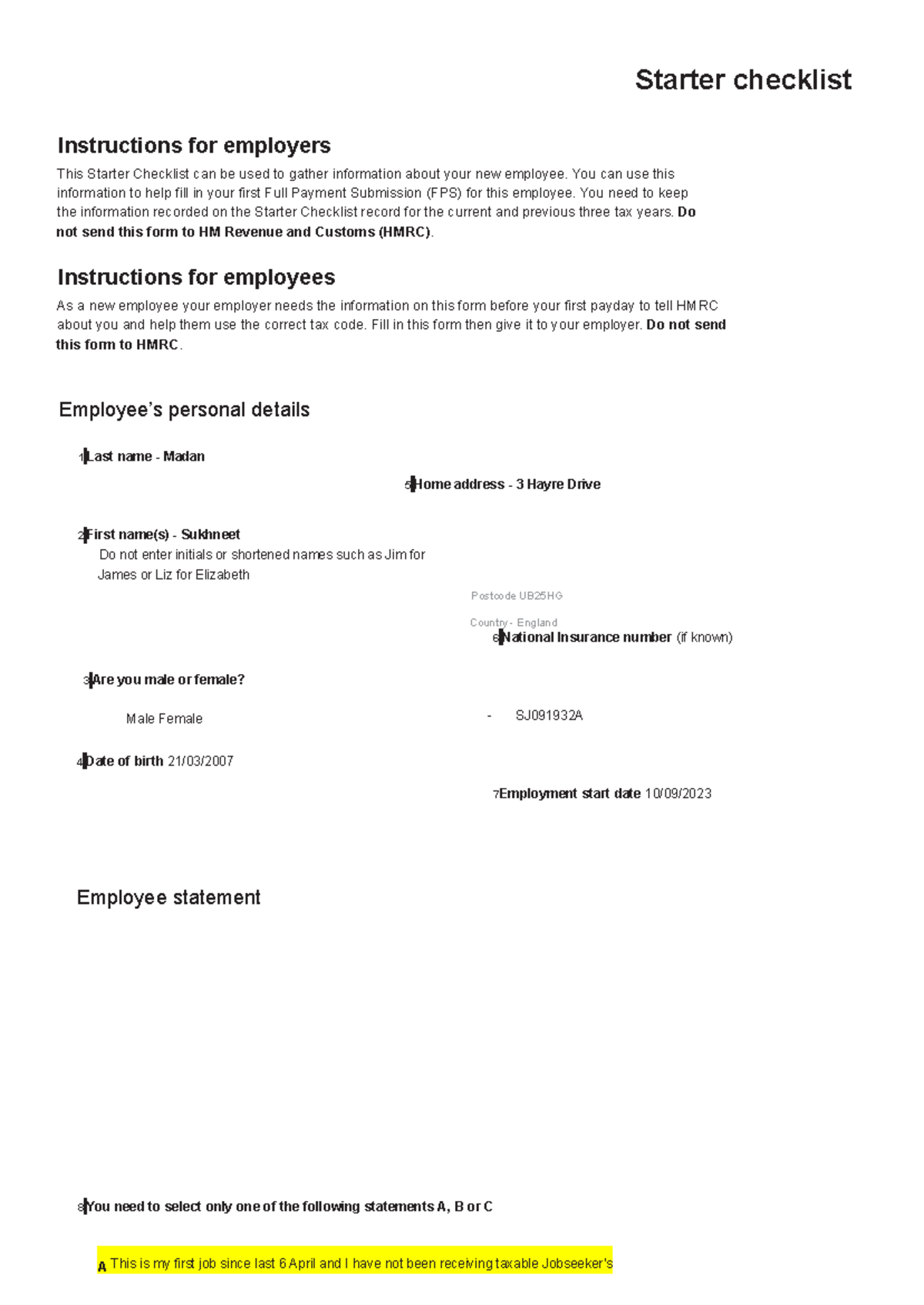 HMRC Starter Checklist - Starter checklist Instructions for employers ...