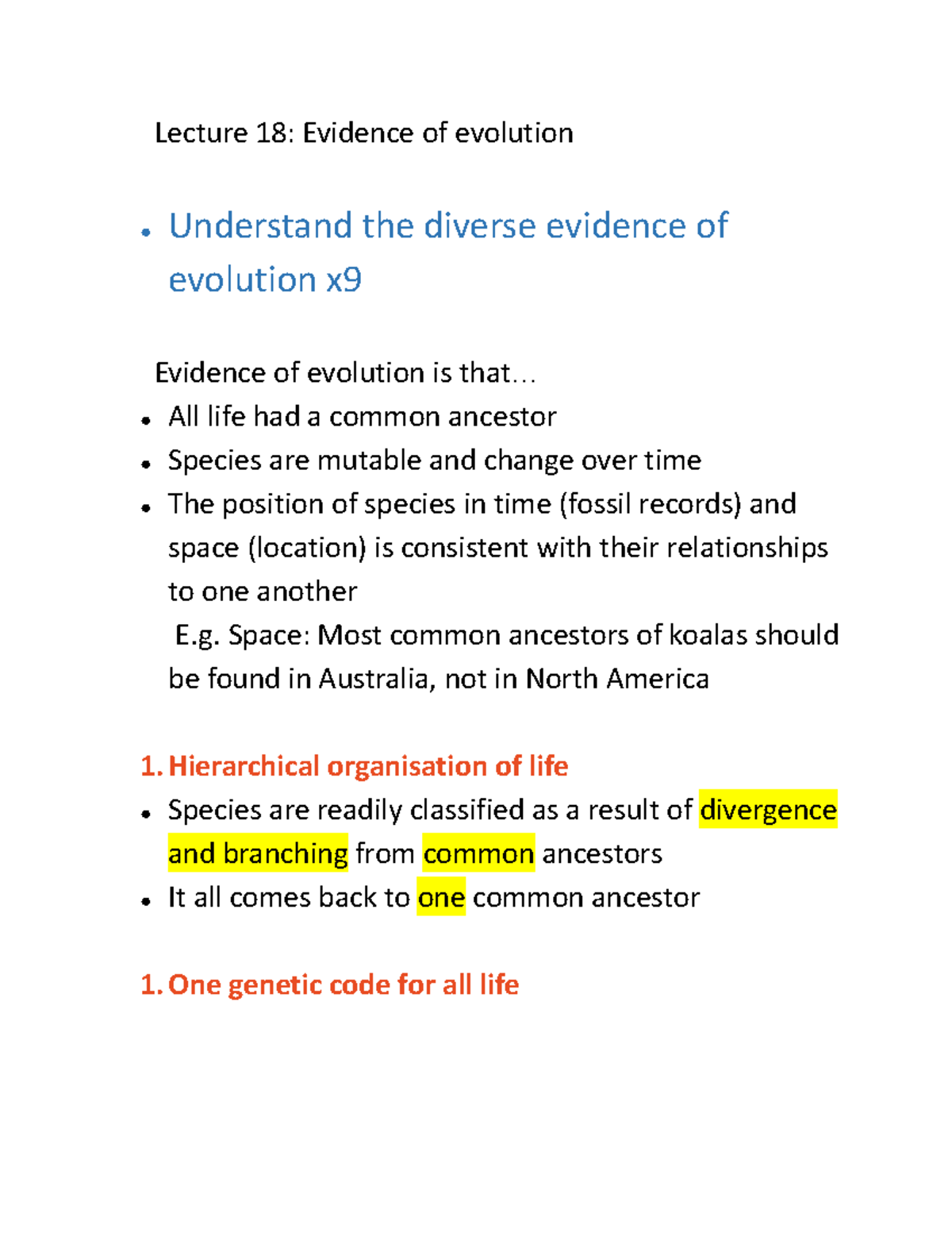BIOL1006 Lecture 18 Evidence of evolution - Lecture 18: Evidence of ...
