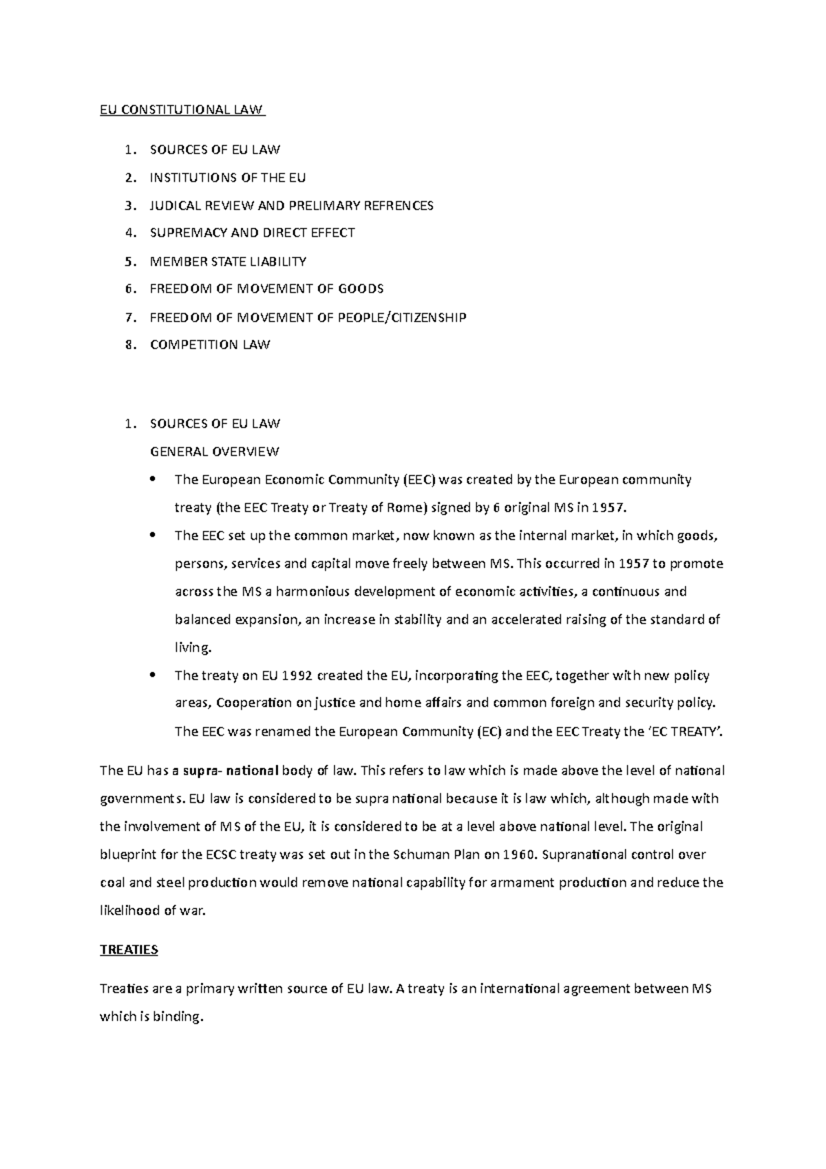 EU Constitutional LAW Notes - EU CONSTITUTIONAL LAW 1. SOURCES OF EU ...