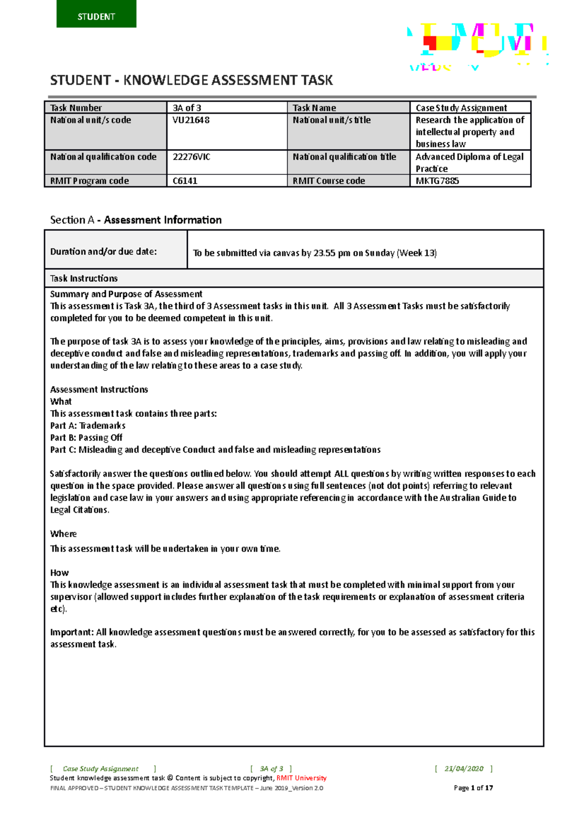 Assignment 3A - Law Assessment (Answers) - STUDENT - KNOWLEDGE ...
