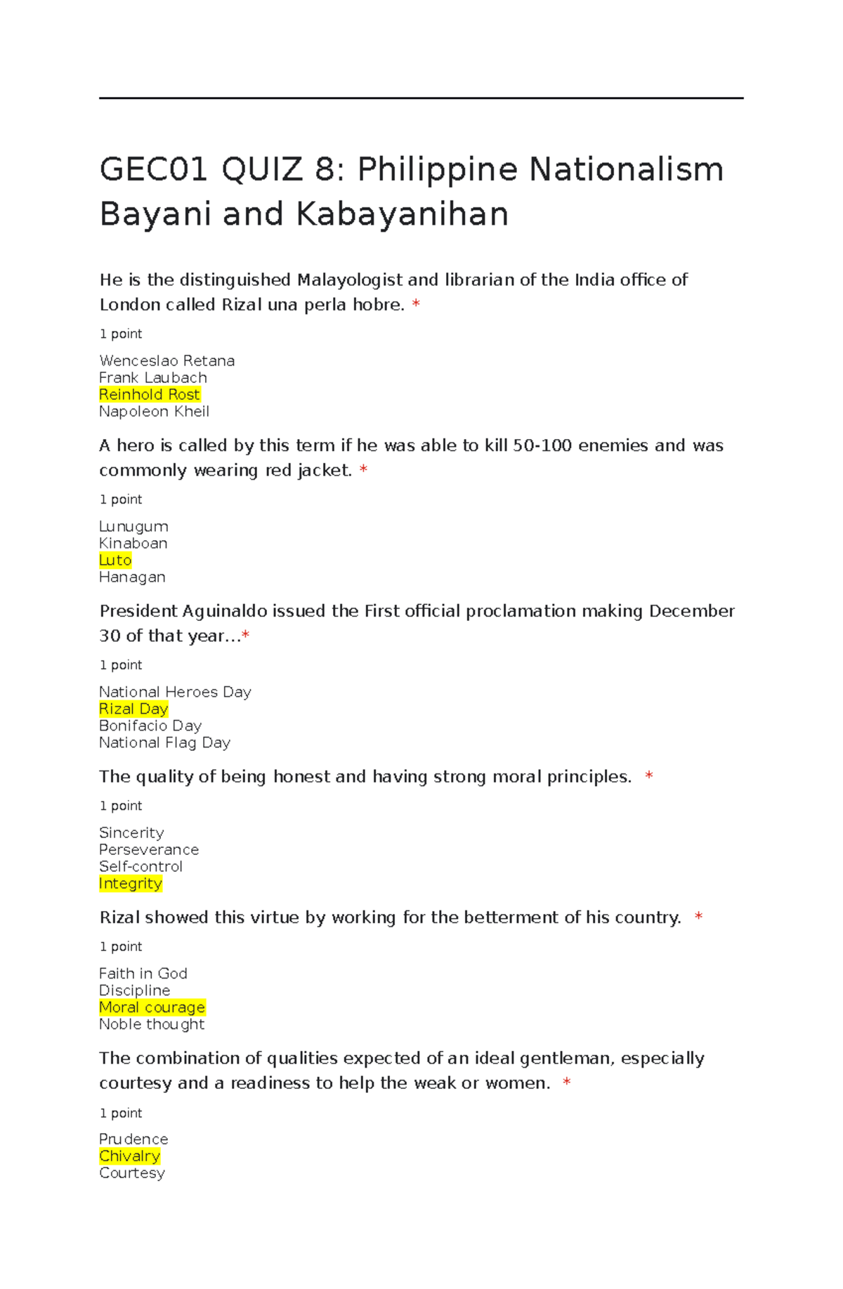 QUIZ - quiz - GEC01 QUIZ 8: Philippine Nationalism Bayani and ...