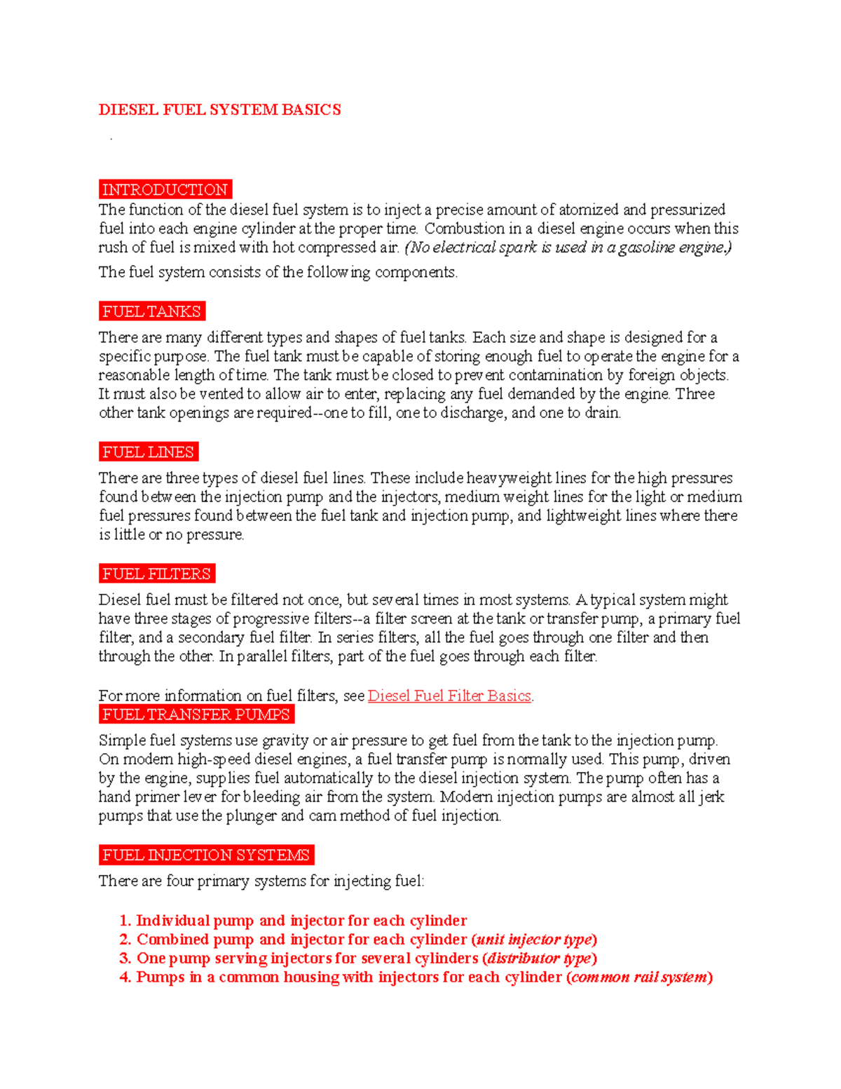 Diesel FUEL System Basics - DIESEL FUEL SYSTEM BASICS INTRODUCTION The ...