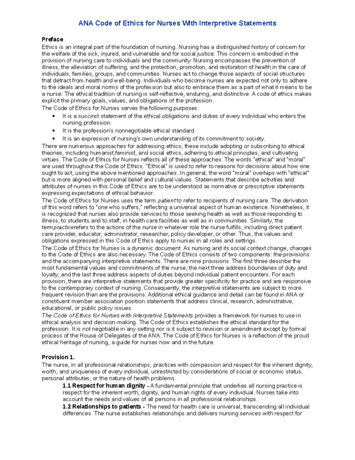 ANA Code of Ethics for Nurses - Nursing has a distinguished history of ...