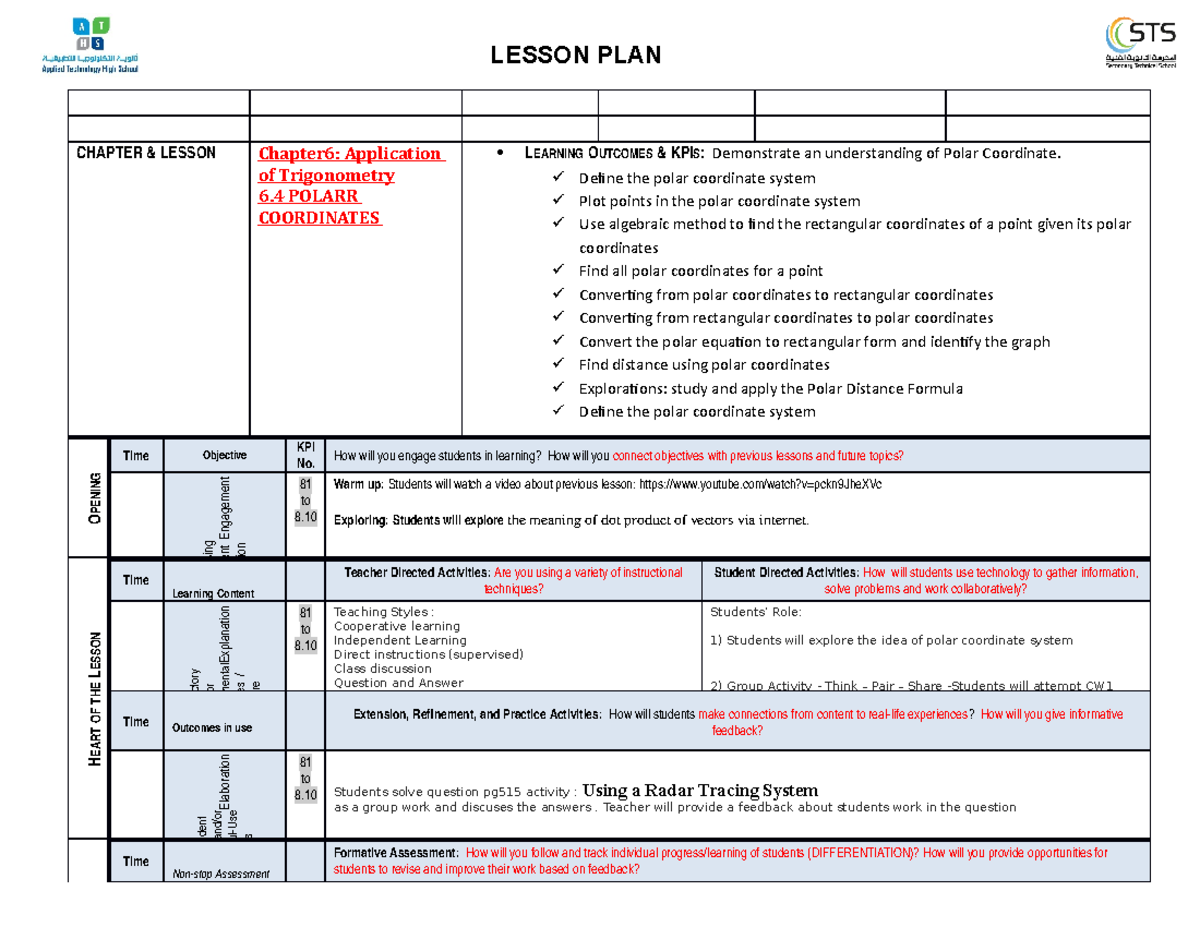 Chapter 6 Application of Trigonometry 6-4 - LESSON PLAN CHAPTER ...
