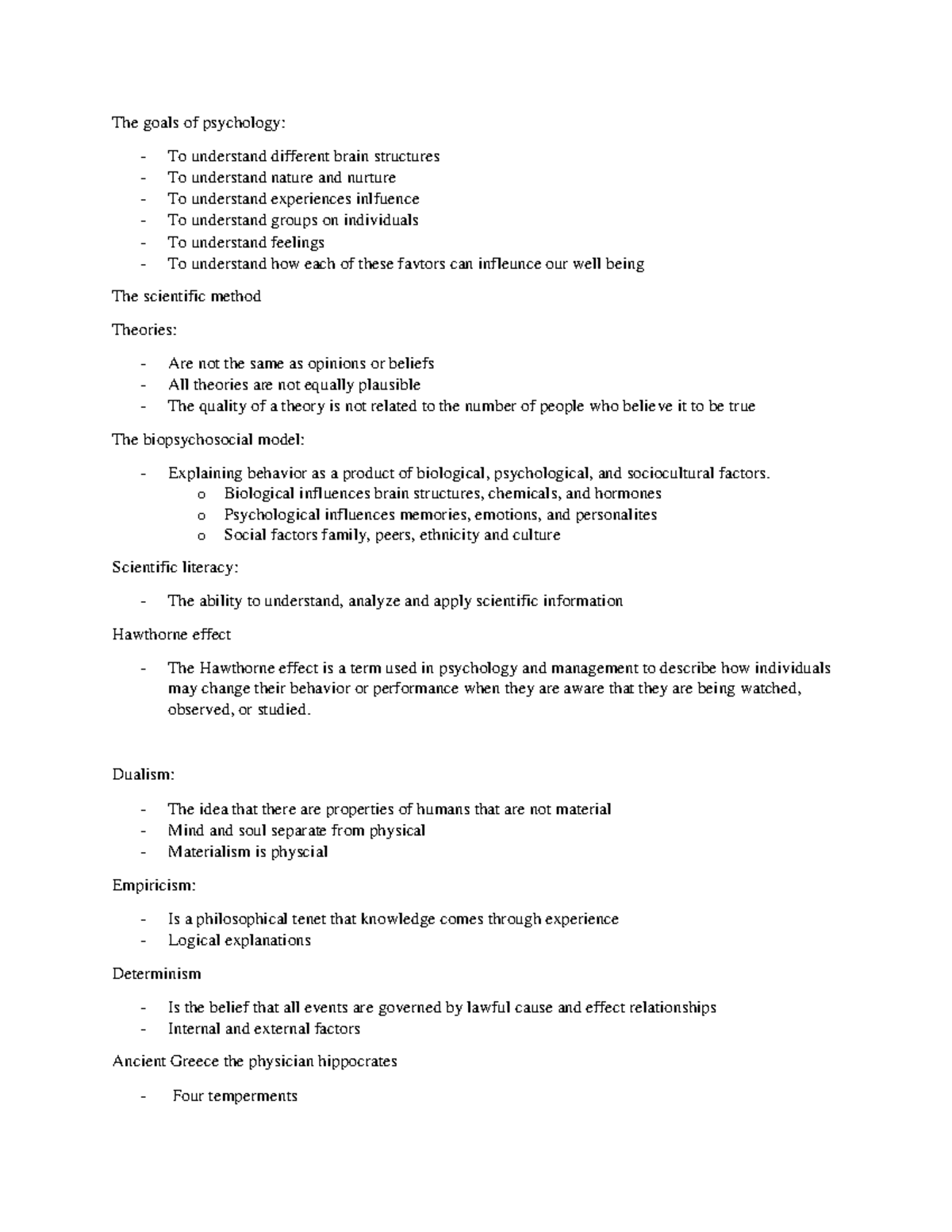 Unit 1 and 2 - Psych notes - The goals of psychology: - To understand ...