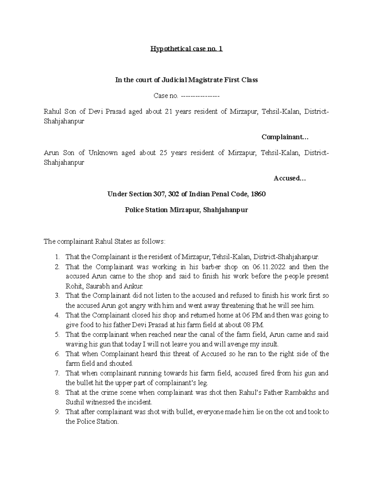 Hypothetical case no. 2 - 1 In the court of Judicial Magistrate First ...