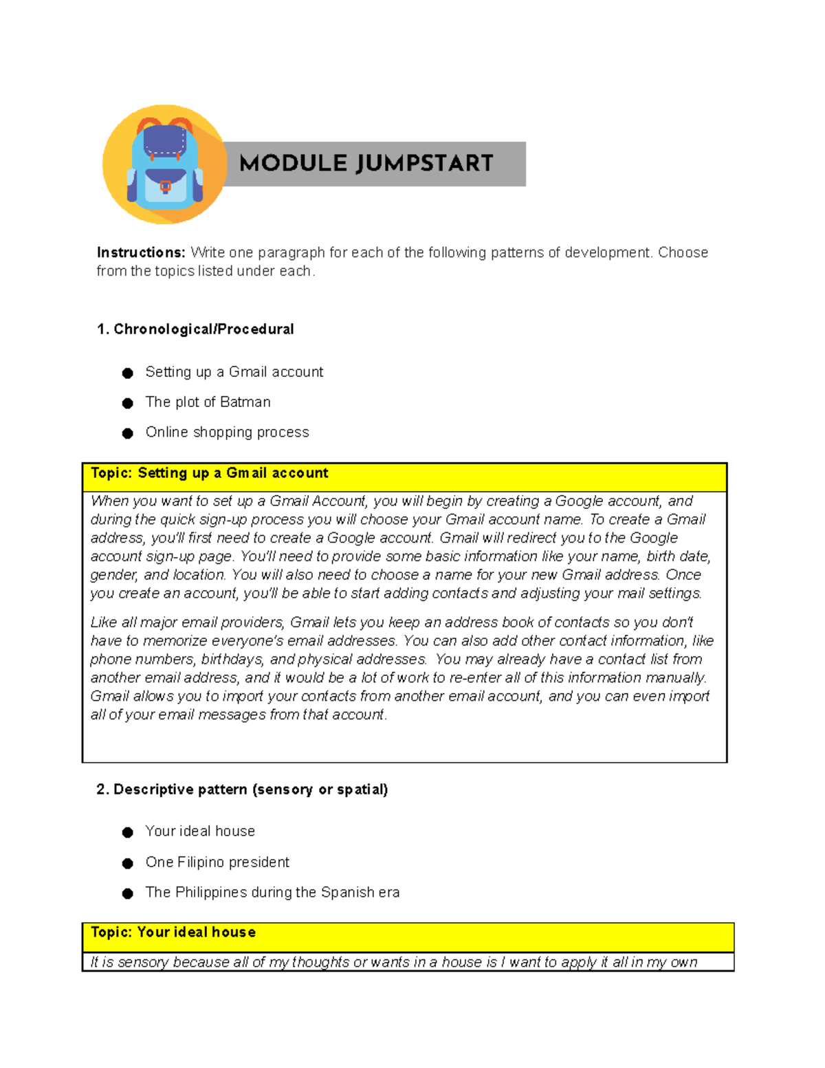 Patterns of developmen - Choose from the topics listed under each ...