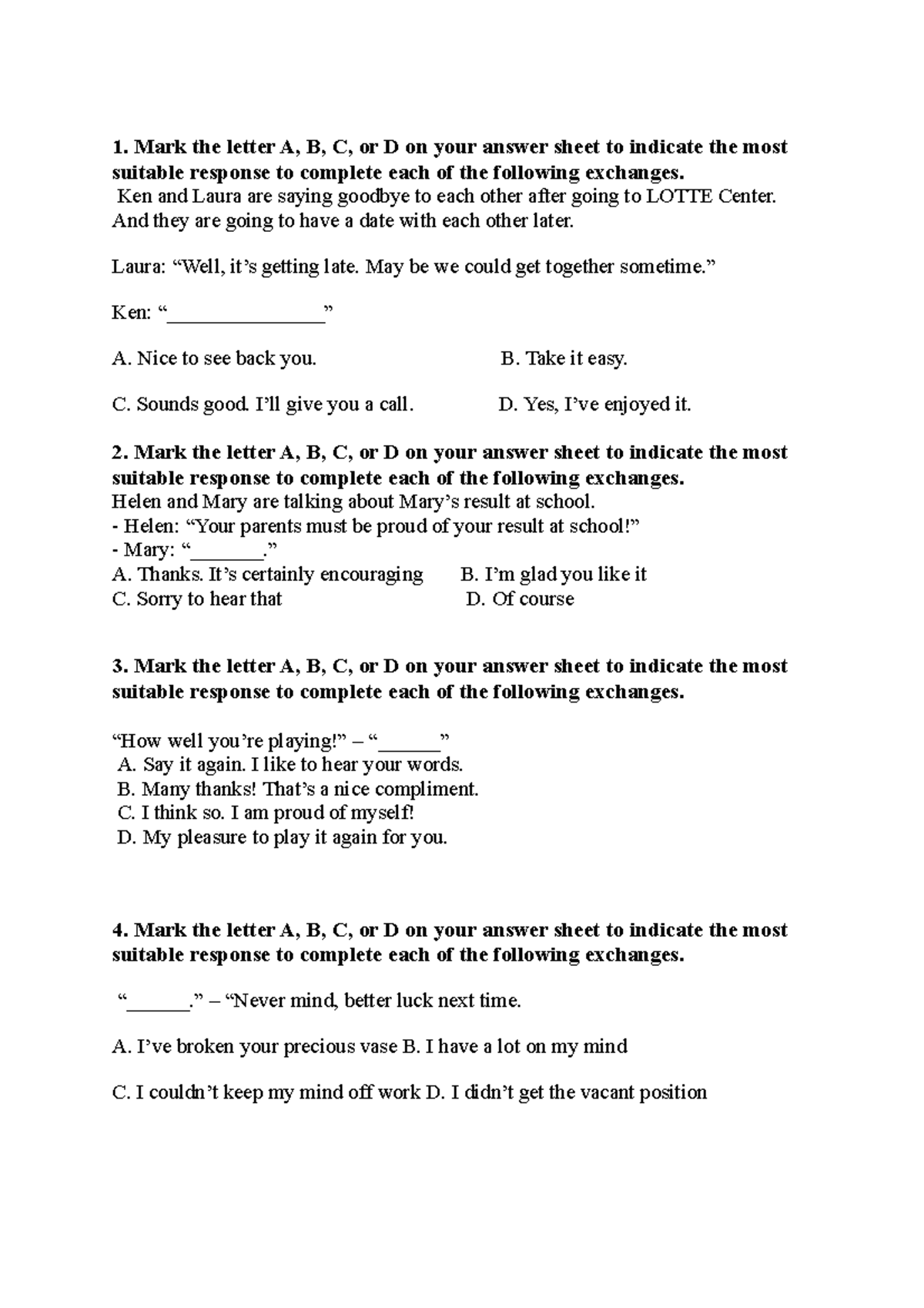 HỘI THOẠI - aaaa - Mark the letter A, B, C, or D on your answer sheet ...