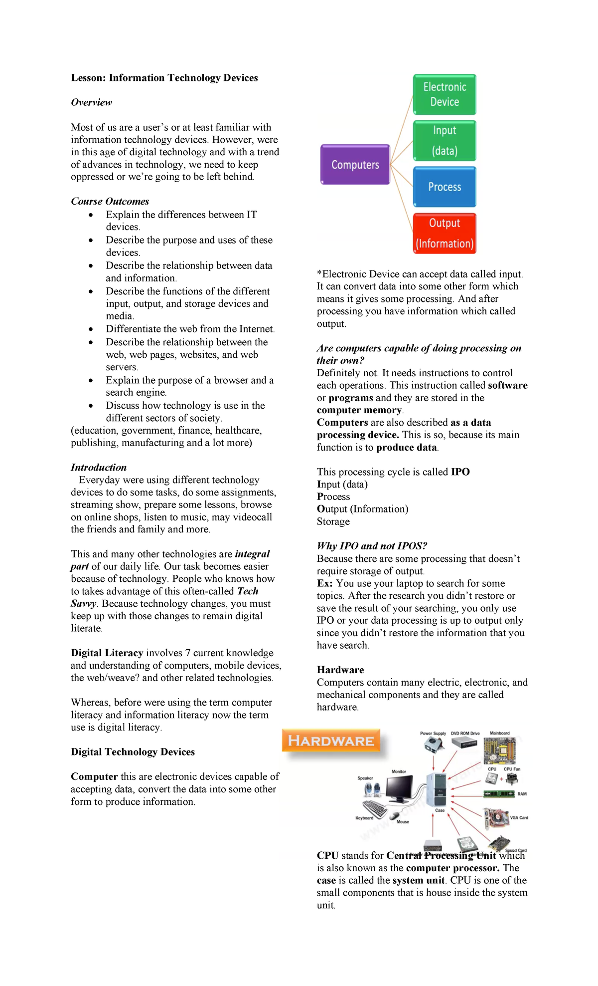 IT TOOLS IN BUSINESS - Lesson: Information Technology Devices Overview ...