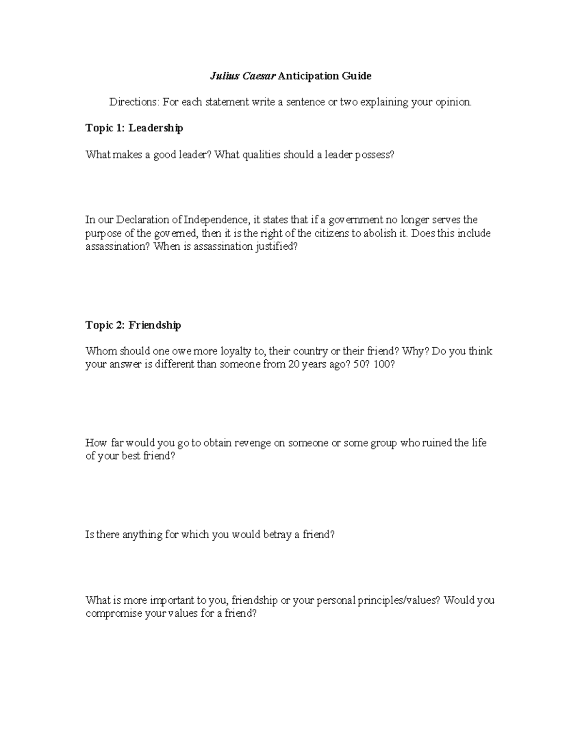 Julius Caesar Anticipation Guide - Julius Caesar Anticipation Guide ...