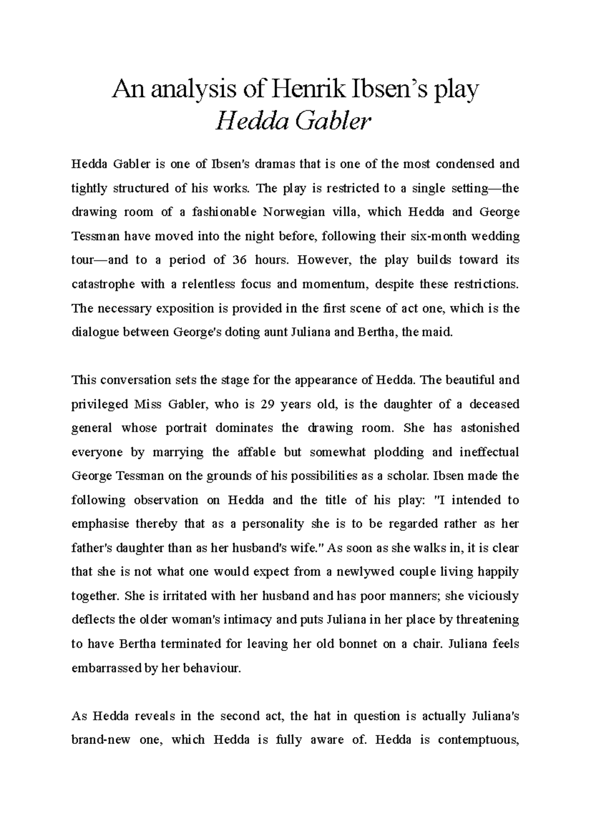 An analysis of Henrik Ibsen’s play Hedda Gabler - An analysis of Henrik ...