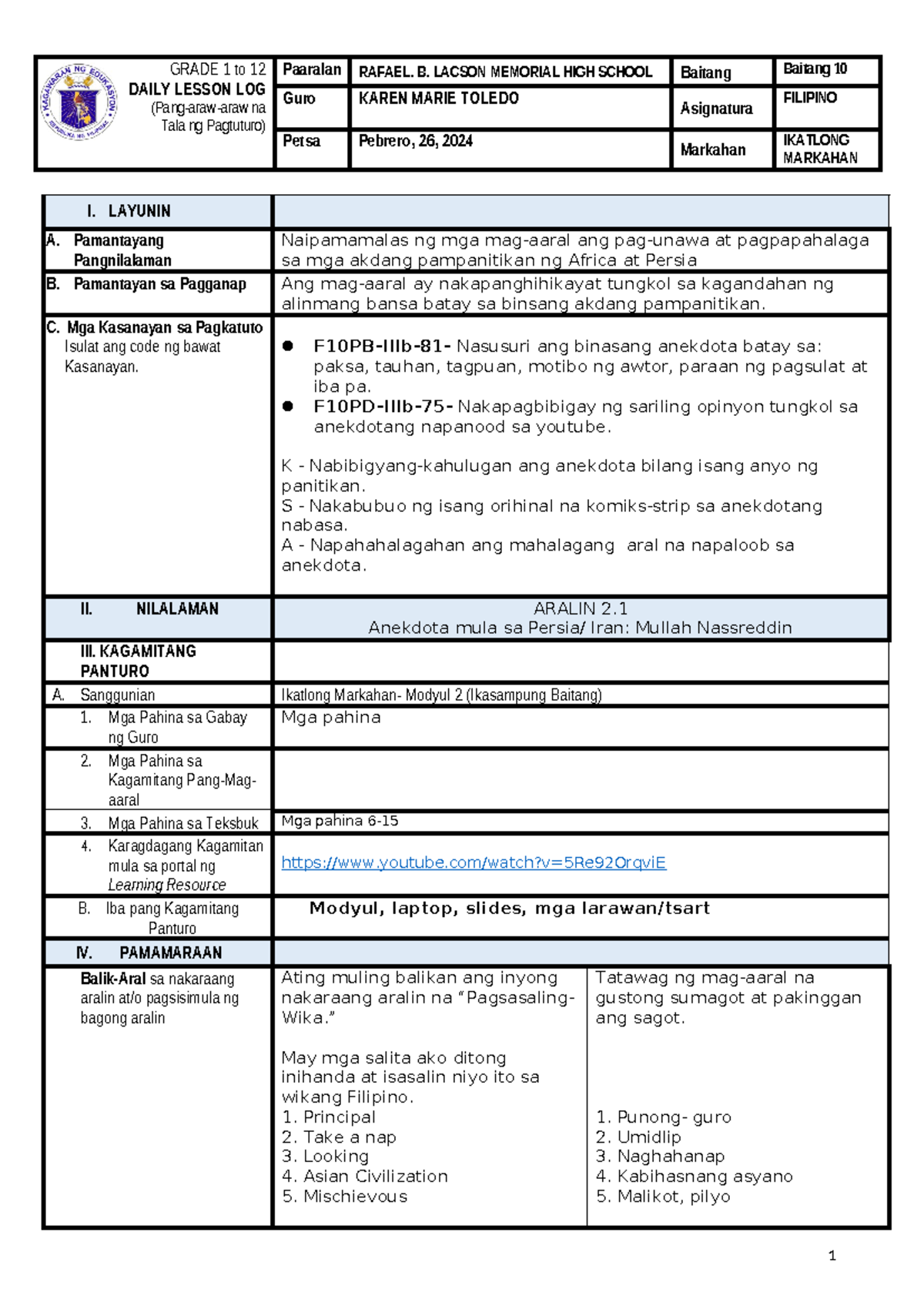 Lesson PLAN 1 Grade 10 Mullah Nassredin - GRADE 1 to 12 DAILY LESSON ...