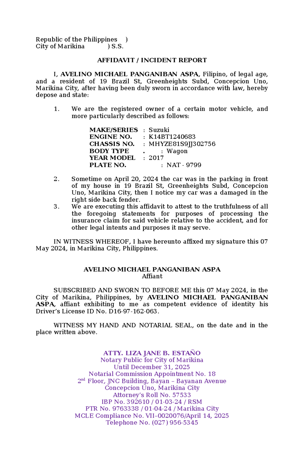 Affidavit ( Incident Report) 05.07.24 - Avelino Michael Panganiban ASPA ...