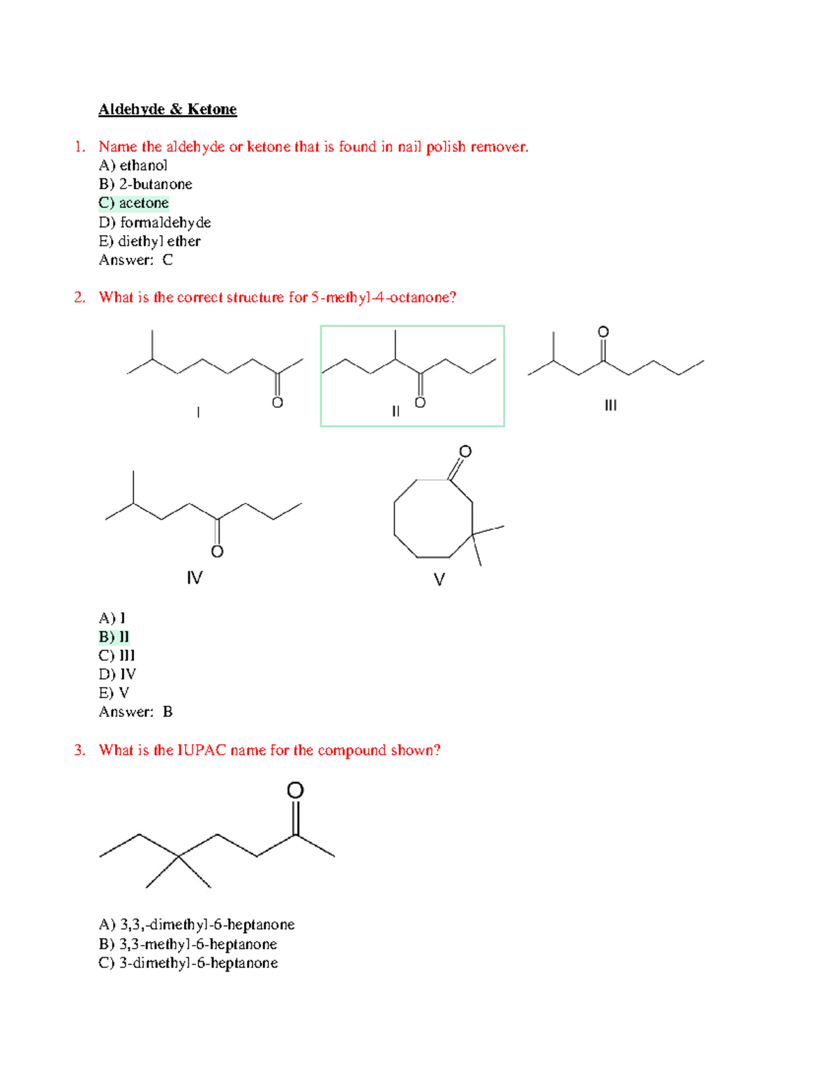 Exam 4 - Practice problems - Aldehyde & Ketone Name the aldehyde or ...