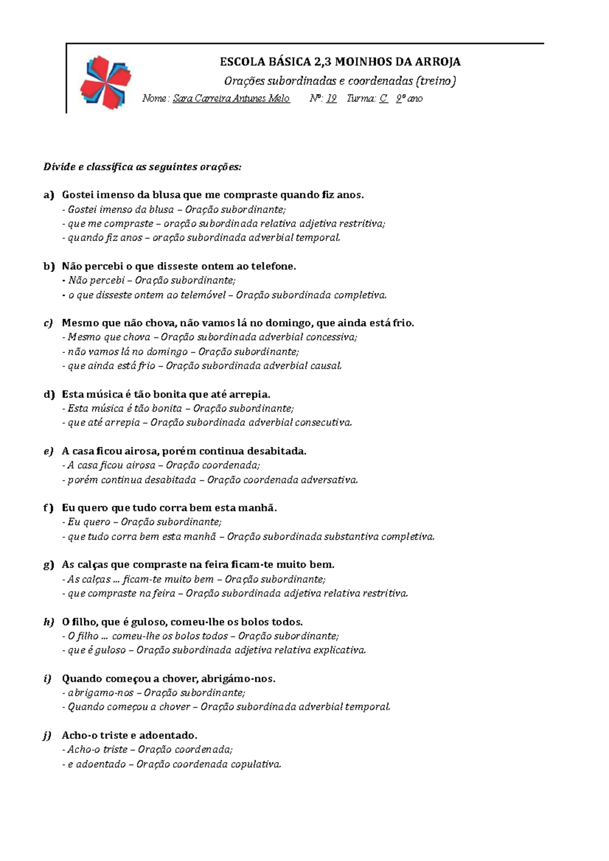 1. orações - ESCOLA BÁSICA 2,3 MOINHOS DA ARROJA Orações subordinadas e ...