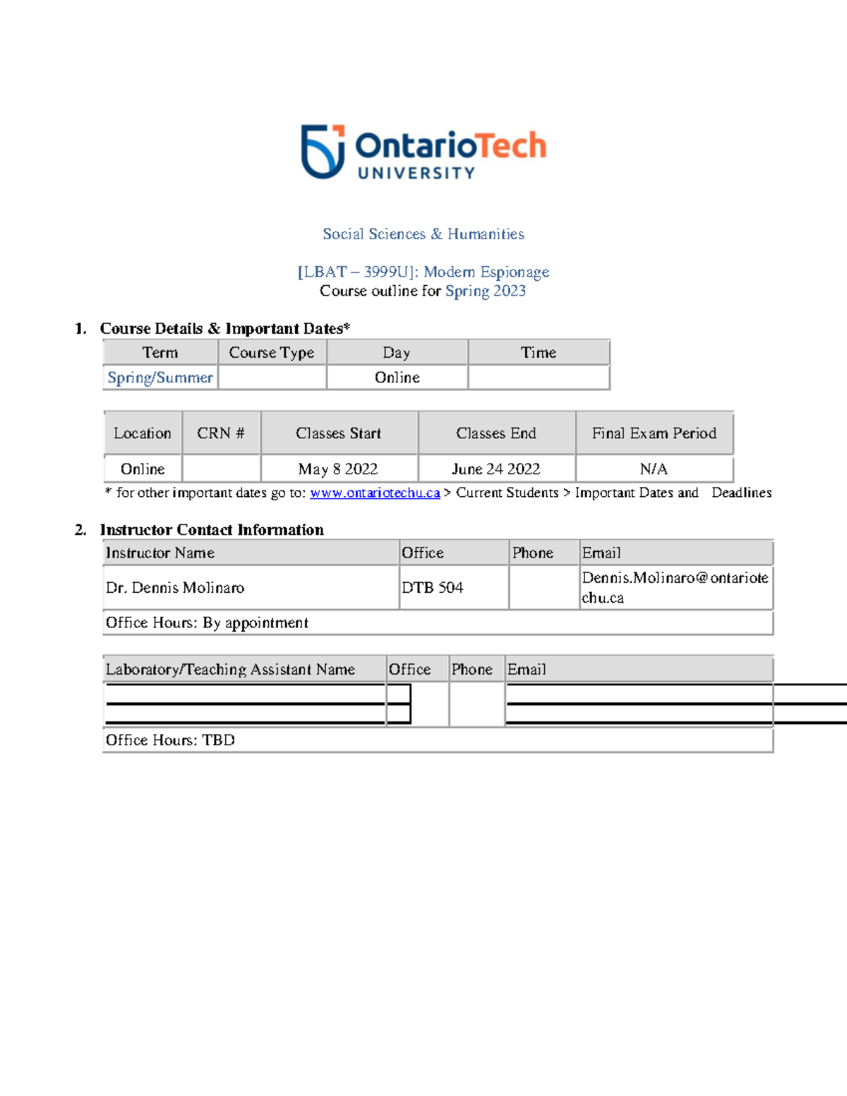 Course Outline Modern Espionage 2023-1 - Social Sciences & Humanities ...