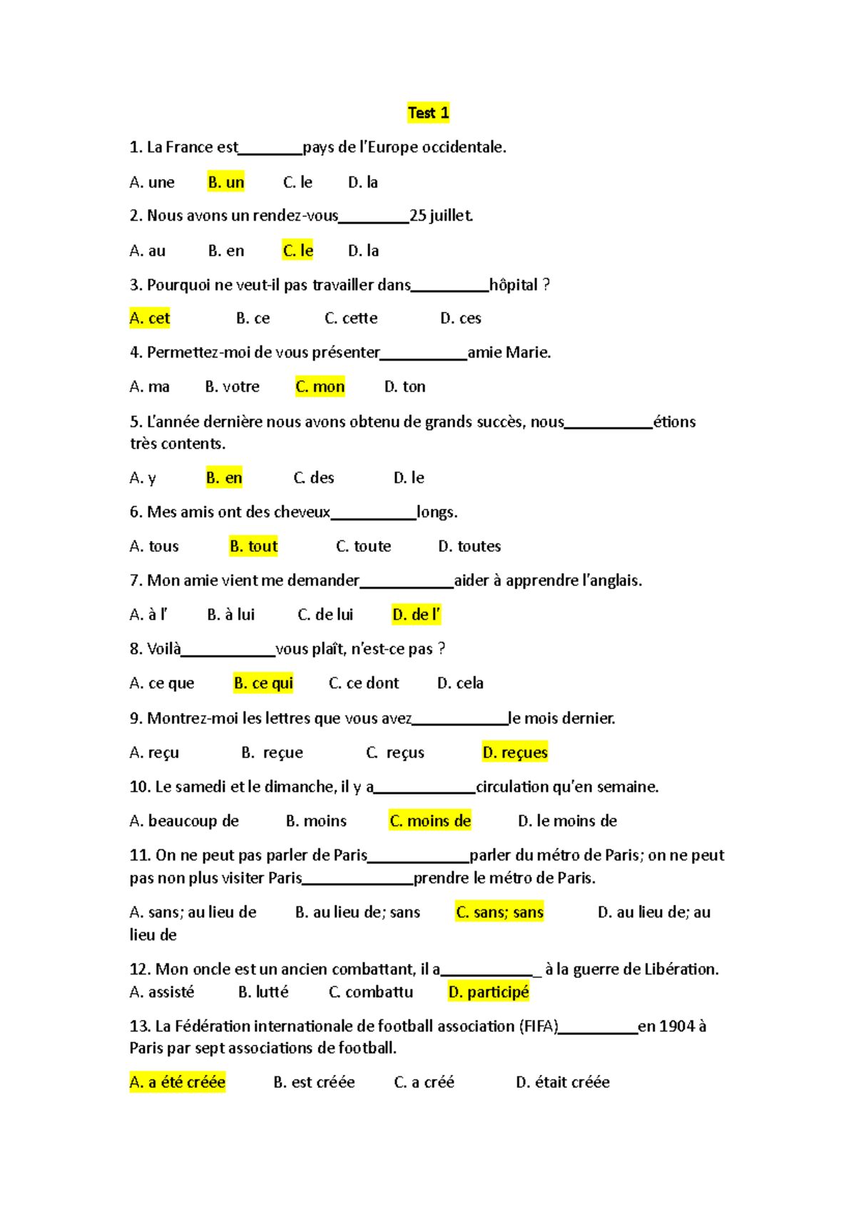 French grammer test 1 - Test 1 La France est pays de l’Europe ...