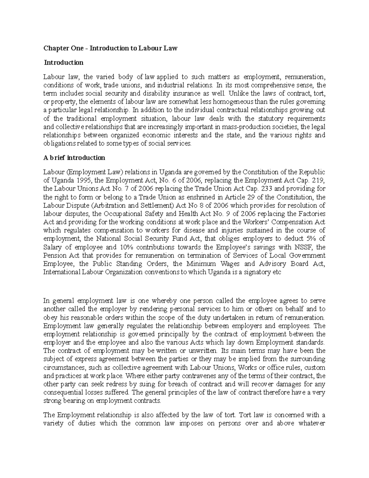 Labour law notes - STUDENT - Chapter One - Introduction to Labour Law ...