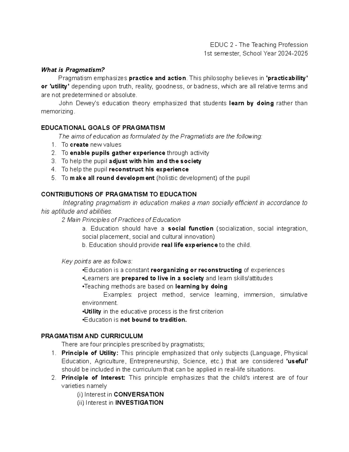 Pragmatism - EDUC 2 - The Teaching Profession 1st semester, School Year ...