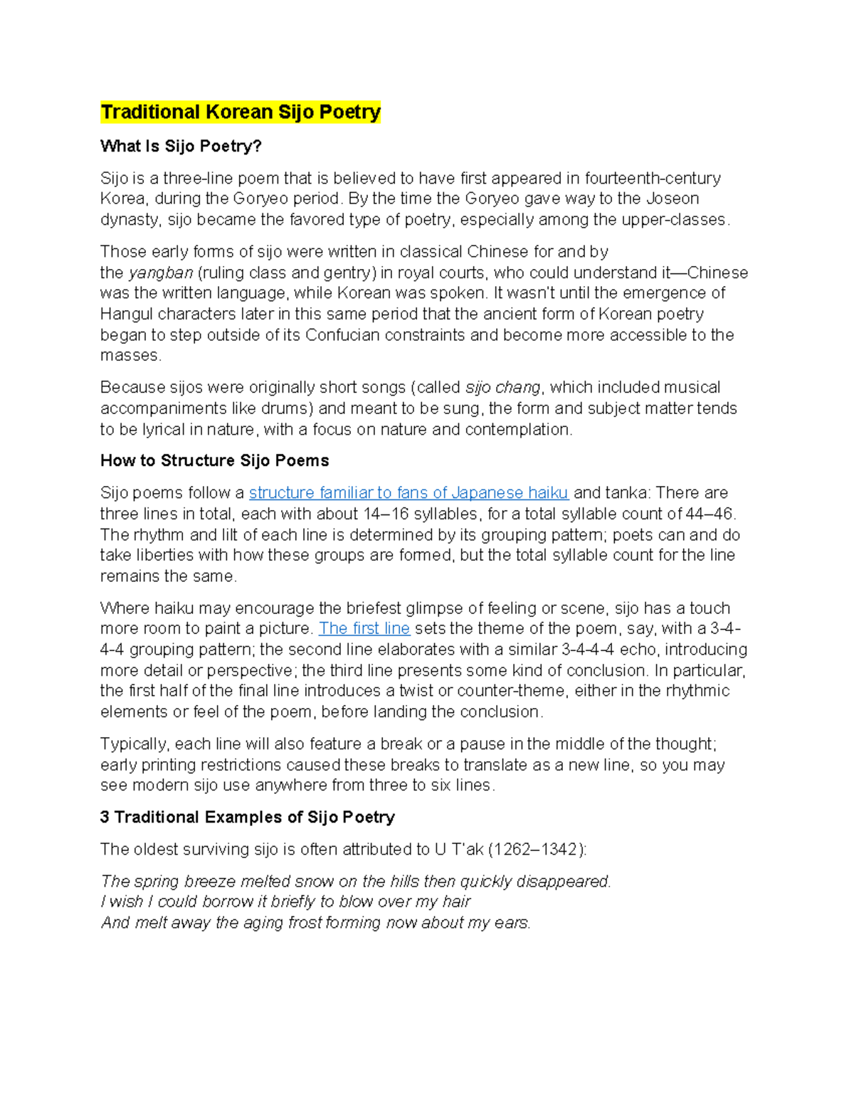 Traditional Korean Sijo Poetry - By the time the Goryeo gave way to the ...