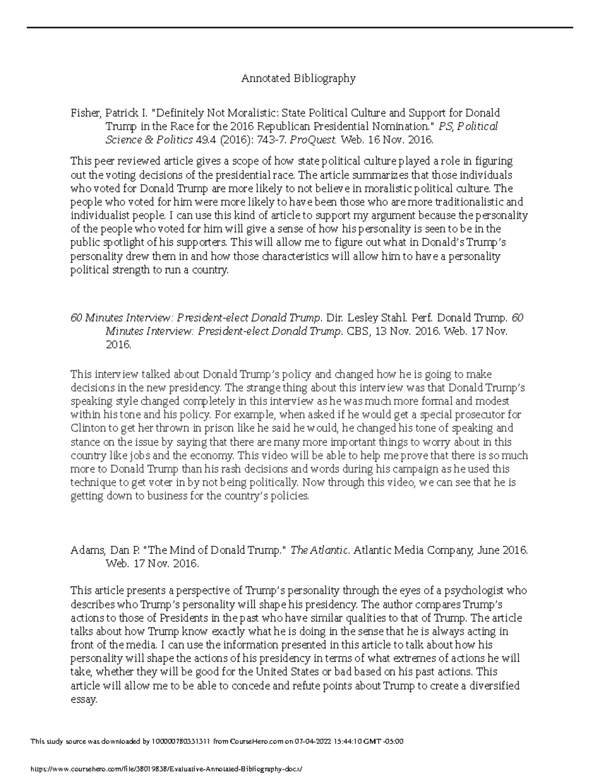 Evaluative Annotated Bibliography - Annotated Bibliography Fisher ...