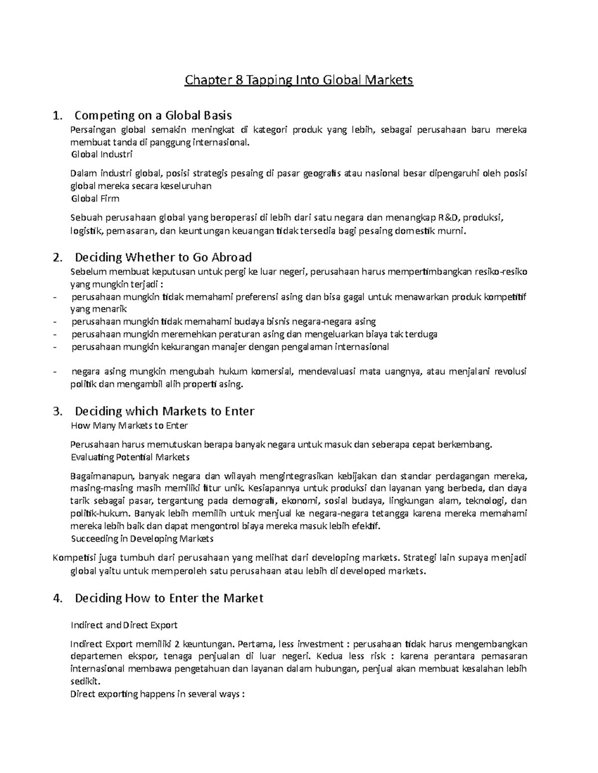 Rangkuman ch 8 MM - Chapter 8 Tapping Into Global Markets 1. Competing ...