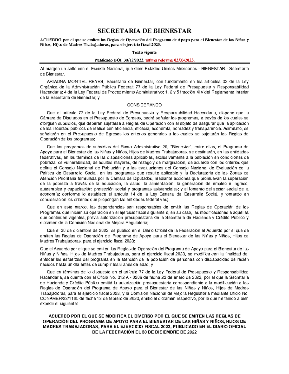 11. Reglas DE Operacion Hijos D Madres Trabajadoras 07mar23 - SECRETARIA DE BIENESTAR ACUERDO ...