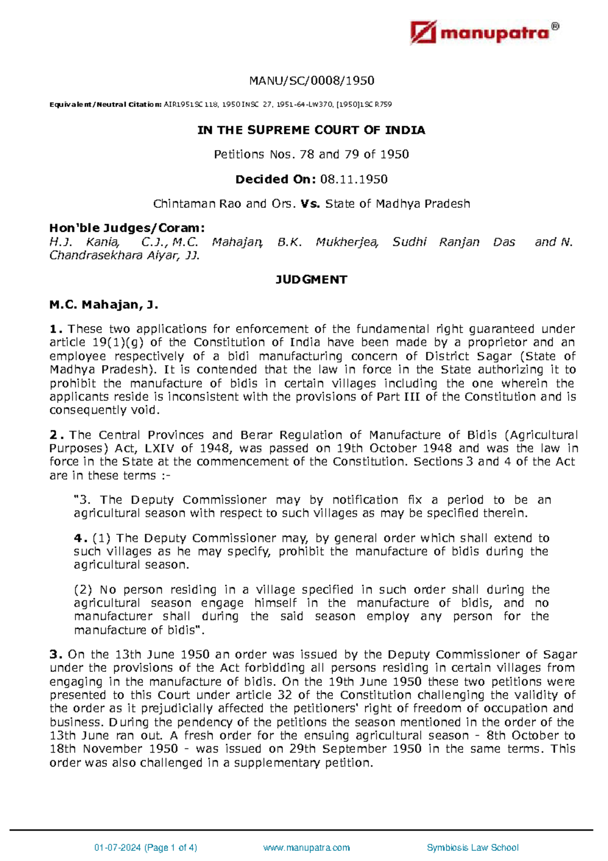 Chintaman Rao and Ors vs State of Madhya Pradesh 0s500008 COM684611 ...