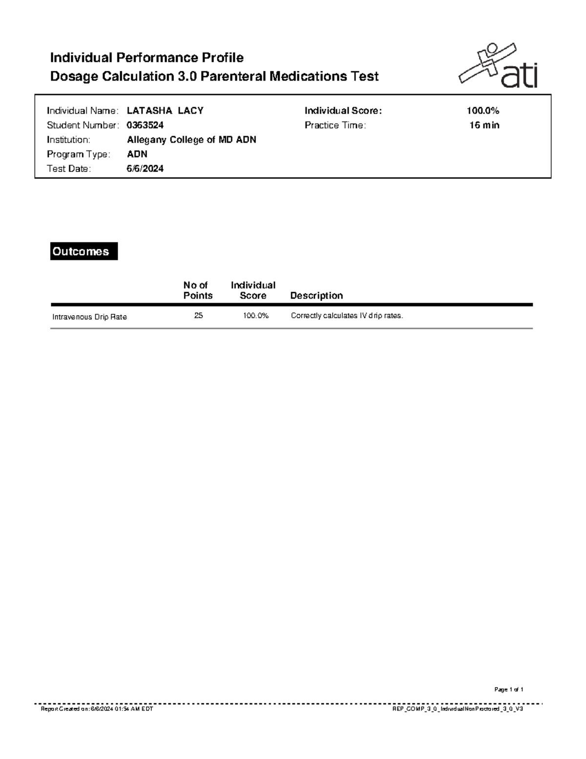 Report (11) Ati Math - Individual Performance Profile Dosage ...