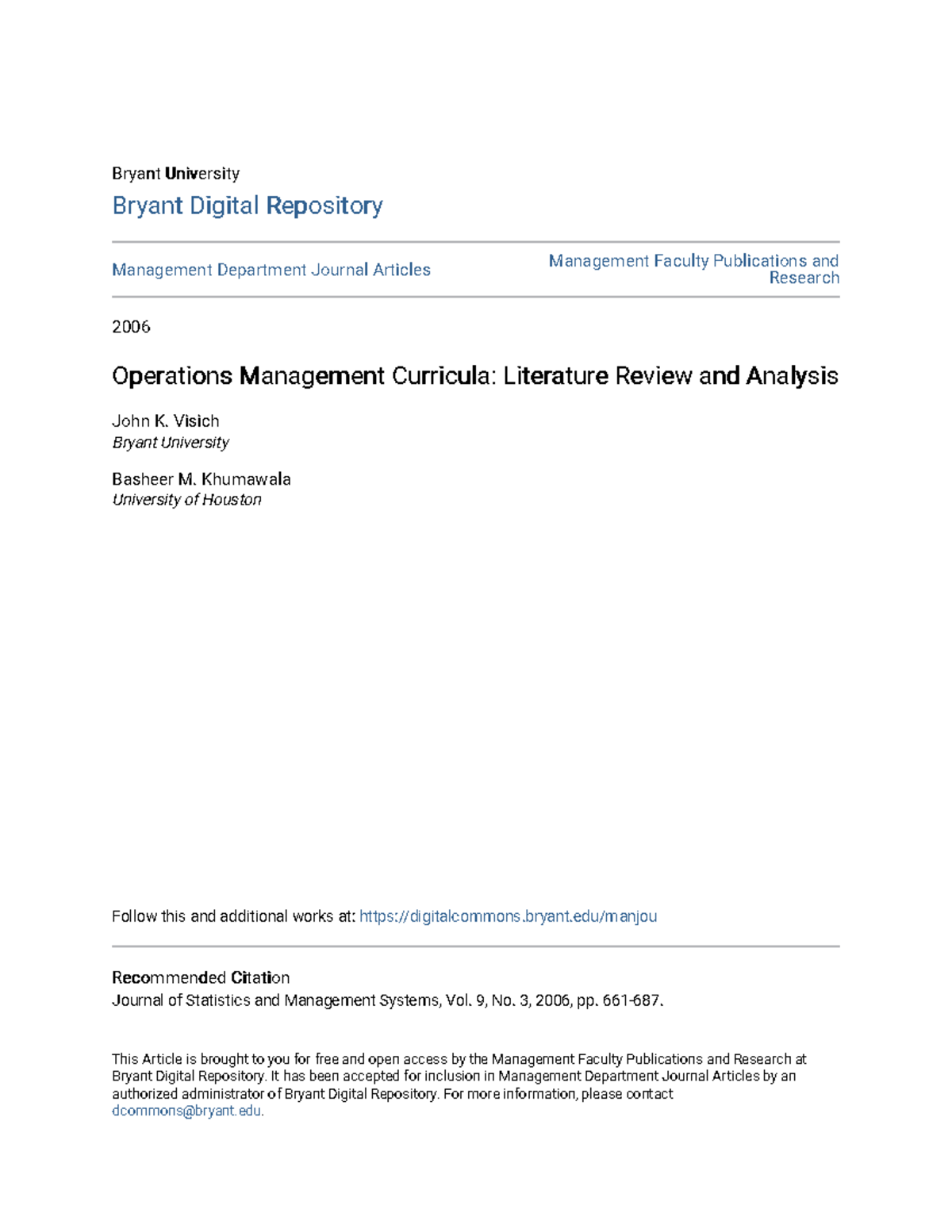 Operations Management Curricula Literature Review and Analysis - Bryant UniversityBryant ...