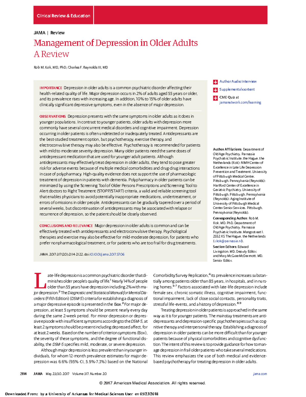 Management of Depression in Older Adults - Kok, MD, PhD; Charles F ...