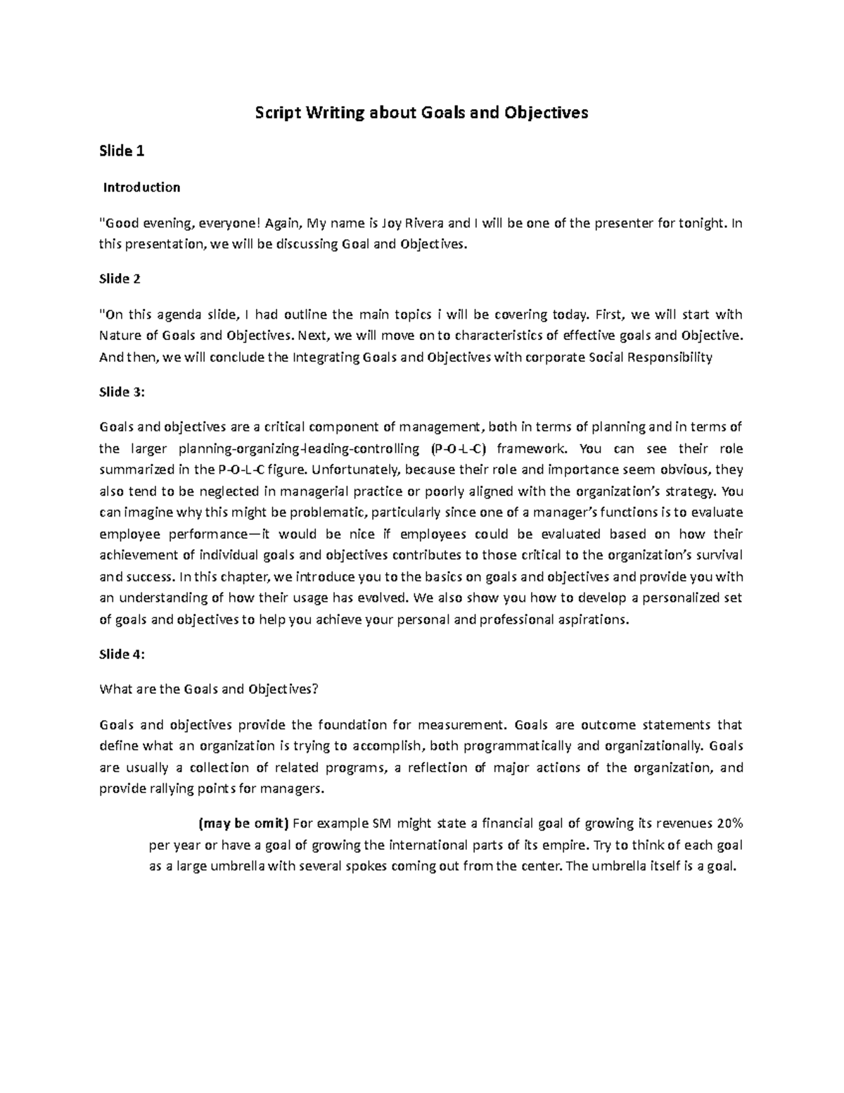 Goals and Objectives script - Script Writing about Goals and Objectives ...