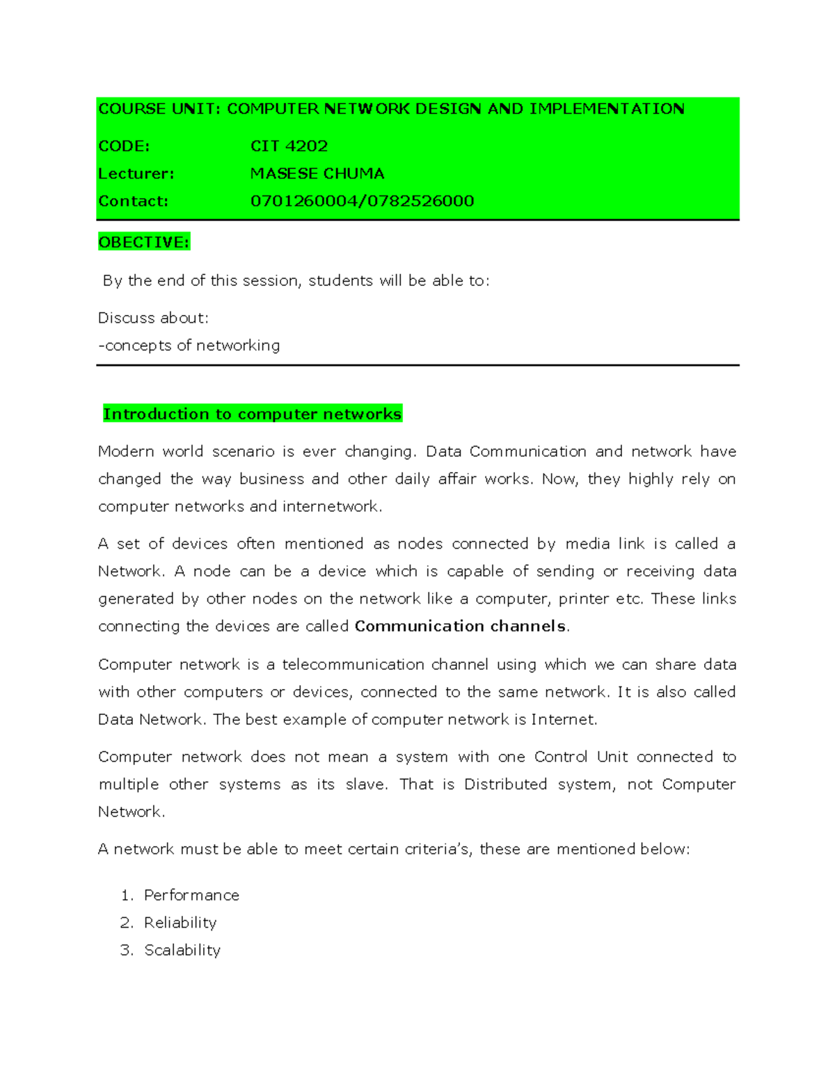 Computer network-bssc - COURSE UNIT: COMPUTER NETWORK DESIGN AND ...