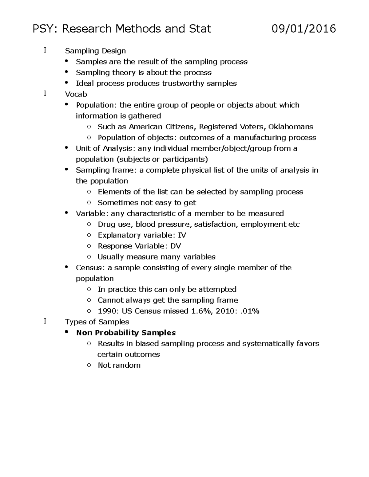 Stat notes - PSY: Research Methods and Stat 09/01/2016 Sampling Design ...