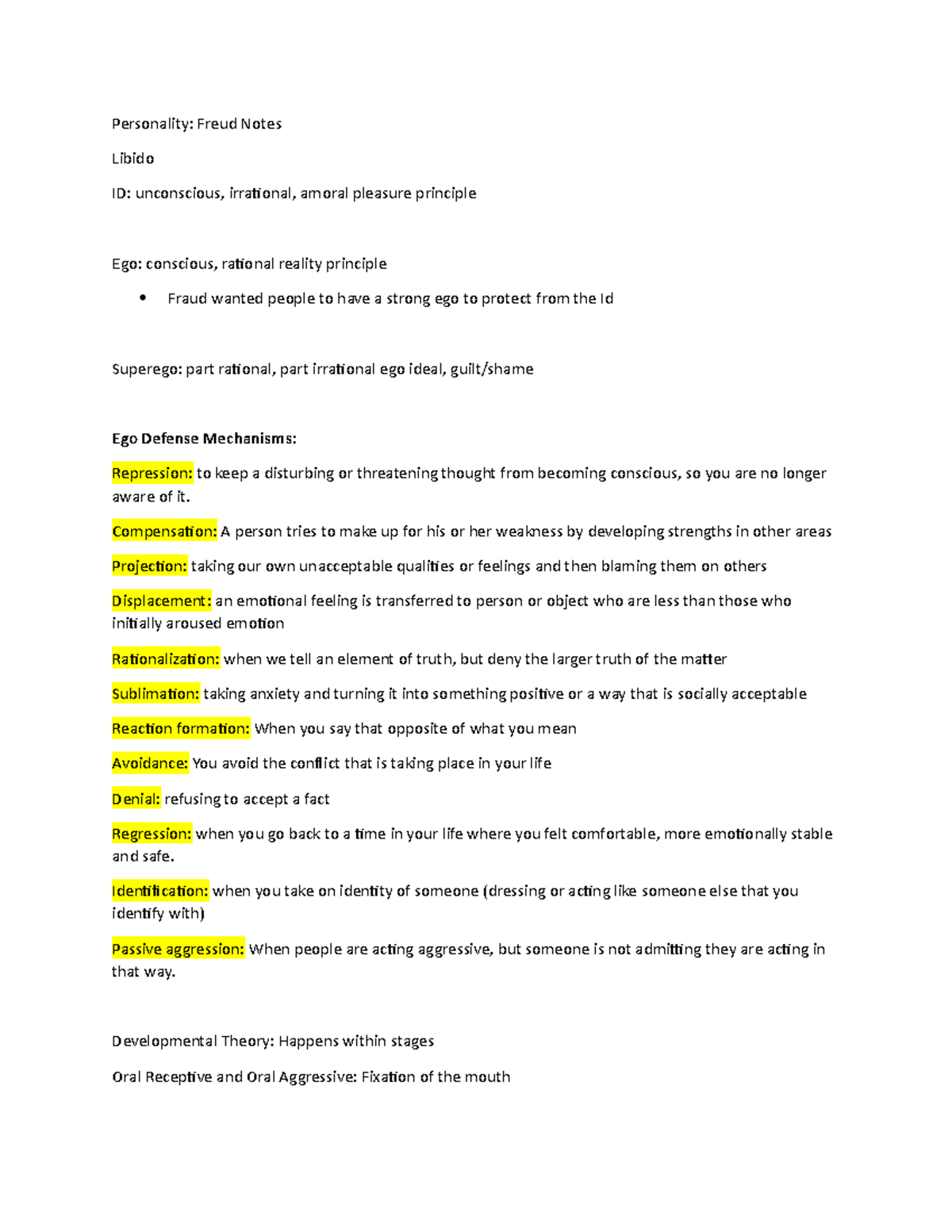 Fraud Notes - Personality: Freud Notes Libido ID: unconscious ...