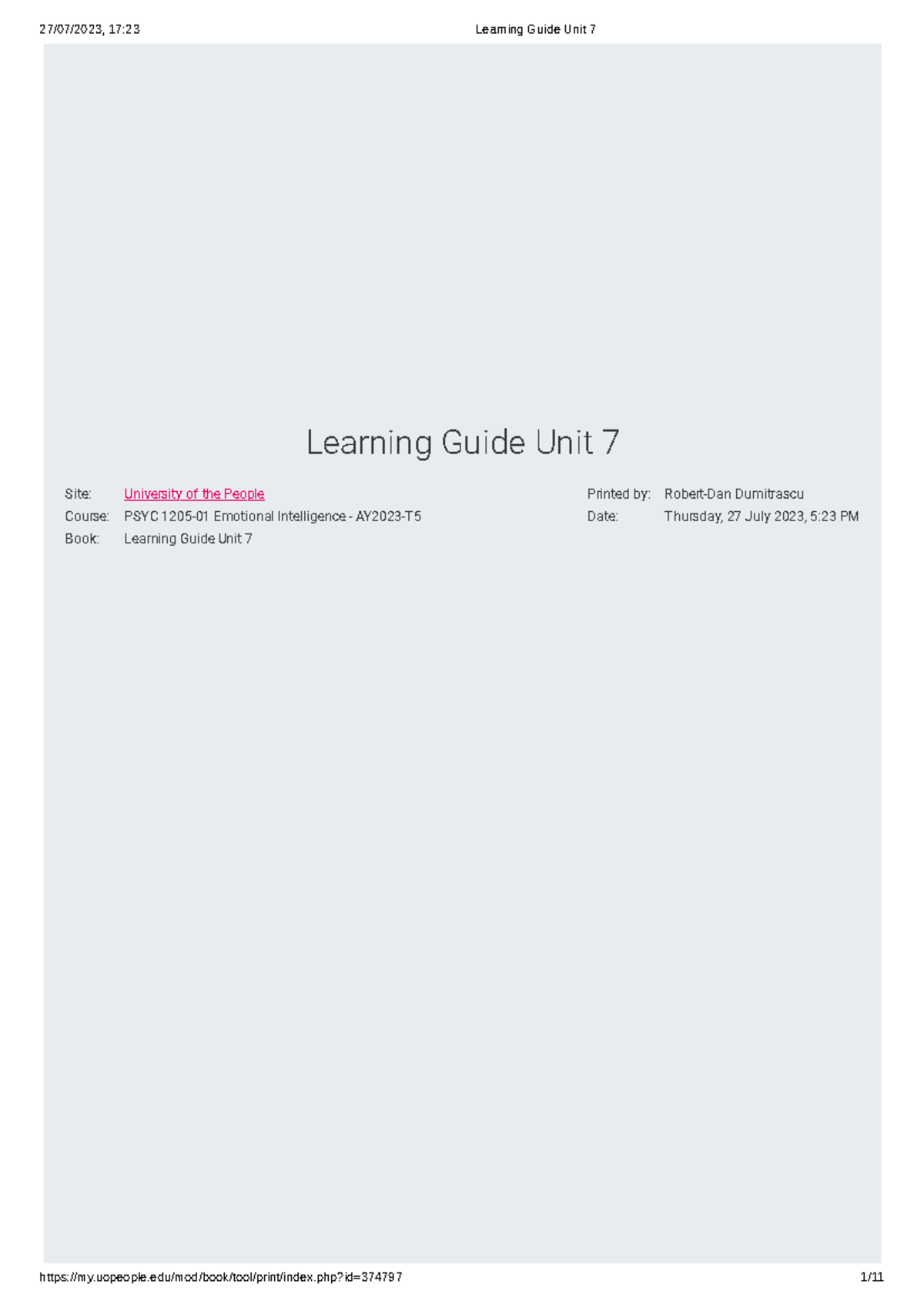 Learning Guide Unit 7 - PSYC 1205-01 - Emotional Intelligence - TUM - Studocu