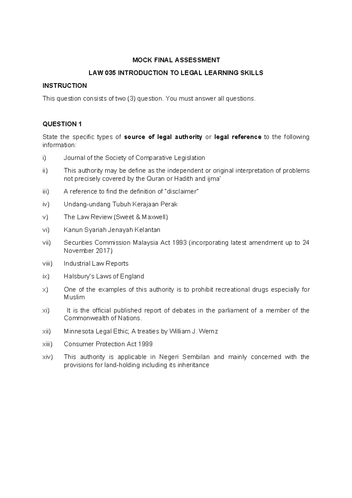 Mock final quest 035 - MOCK FINAL ASSESSMENT LAW 035 INTRODUCTION TO ...