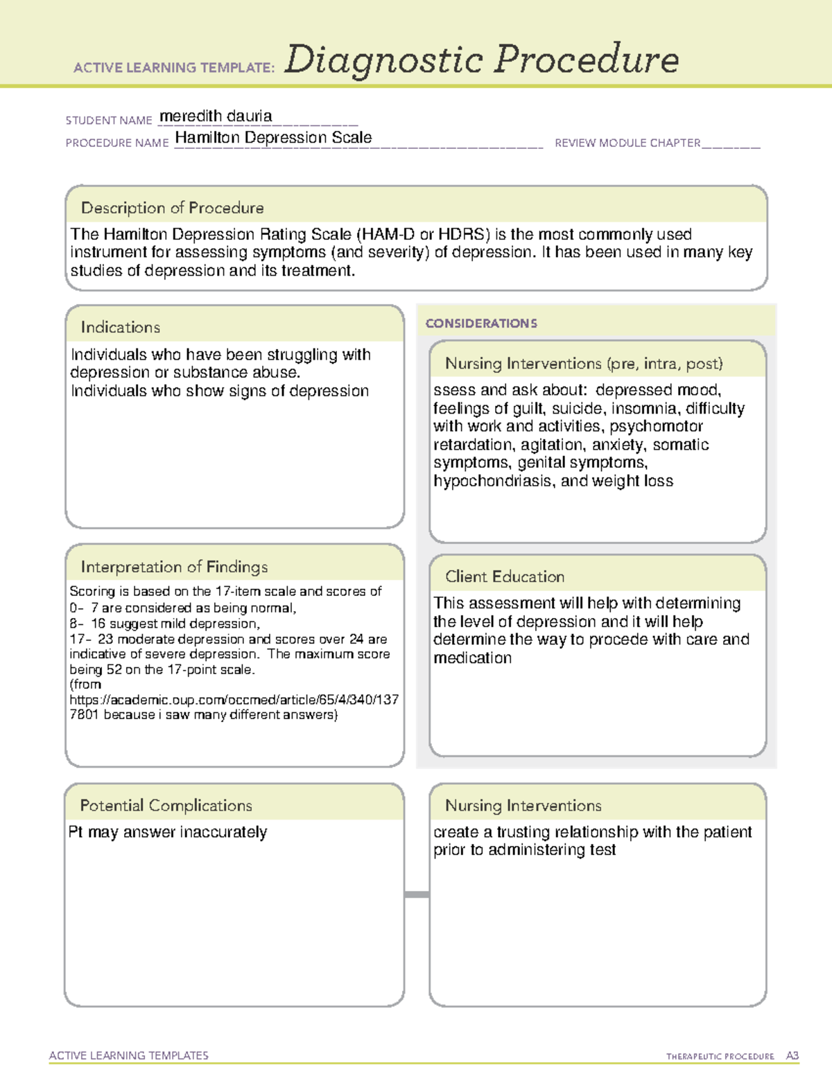 Active Learning Template Hamilton Depression Scale ACTIVE LEARNING
