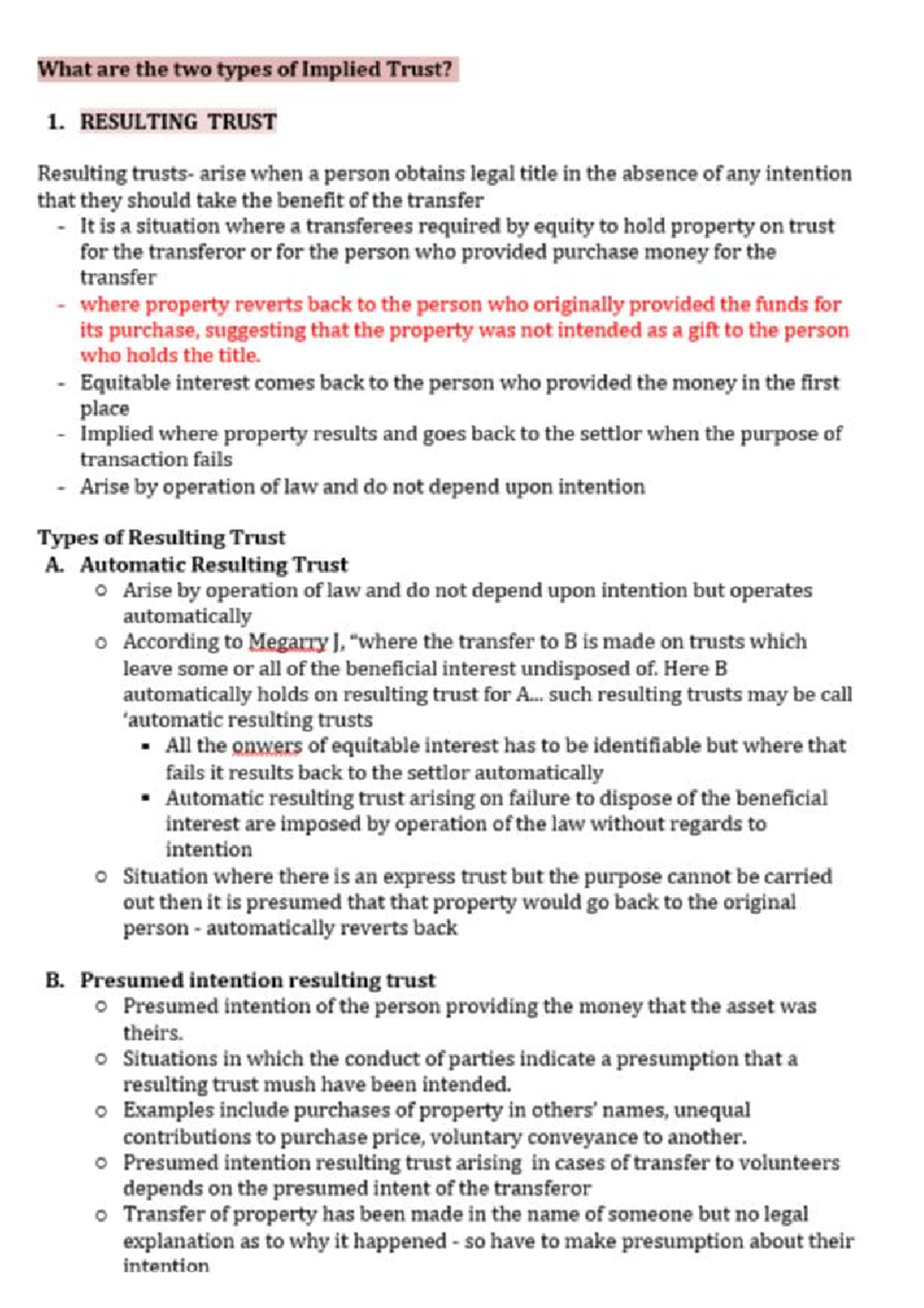 Equity and Trust - x - What are the two types of Implied Trust? 1 ...