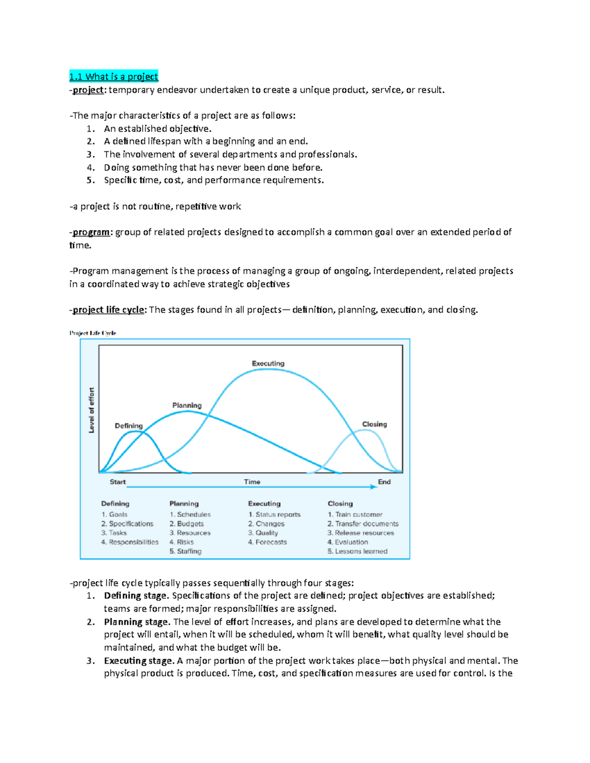 Project management chapter 1 summary note - 1 What is a project ...