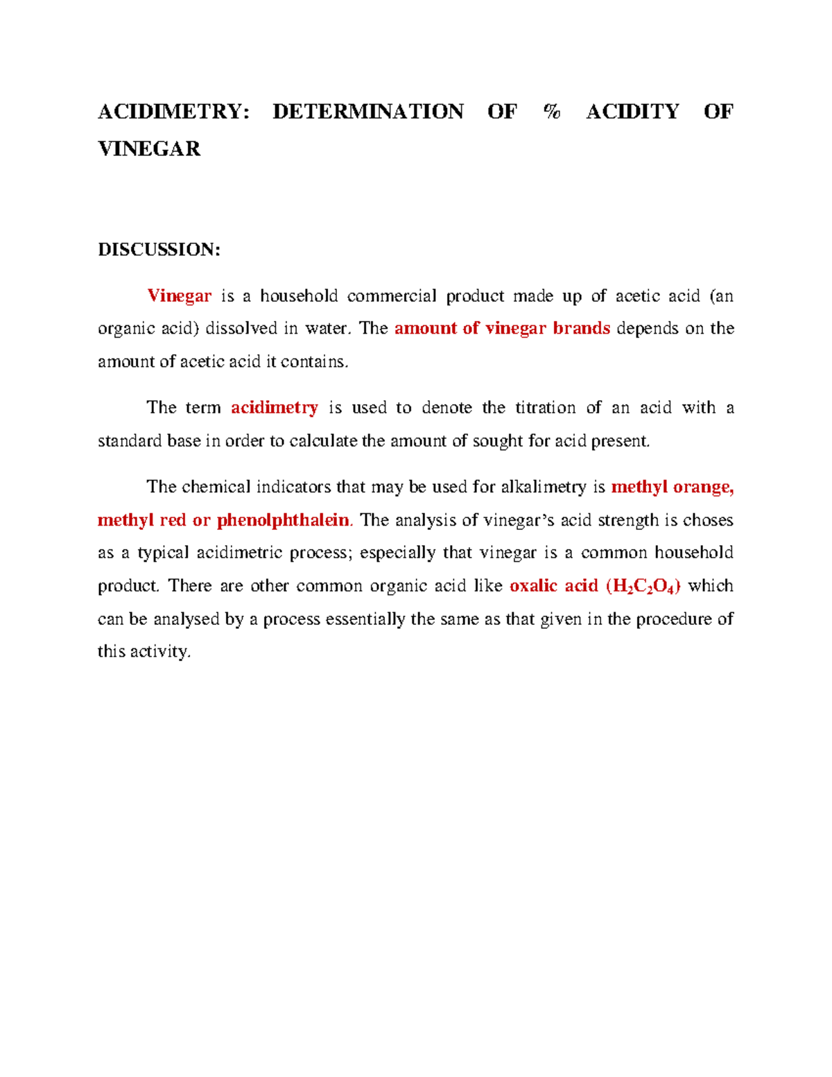Acidimetry Determination of Percentage Acidity of Vinegar - ACIDIMETRY ...