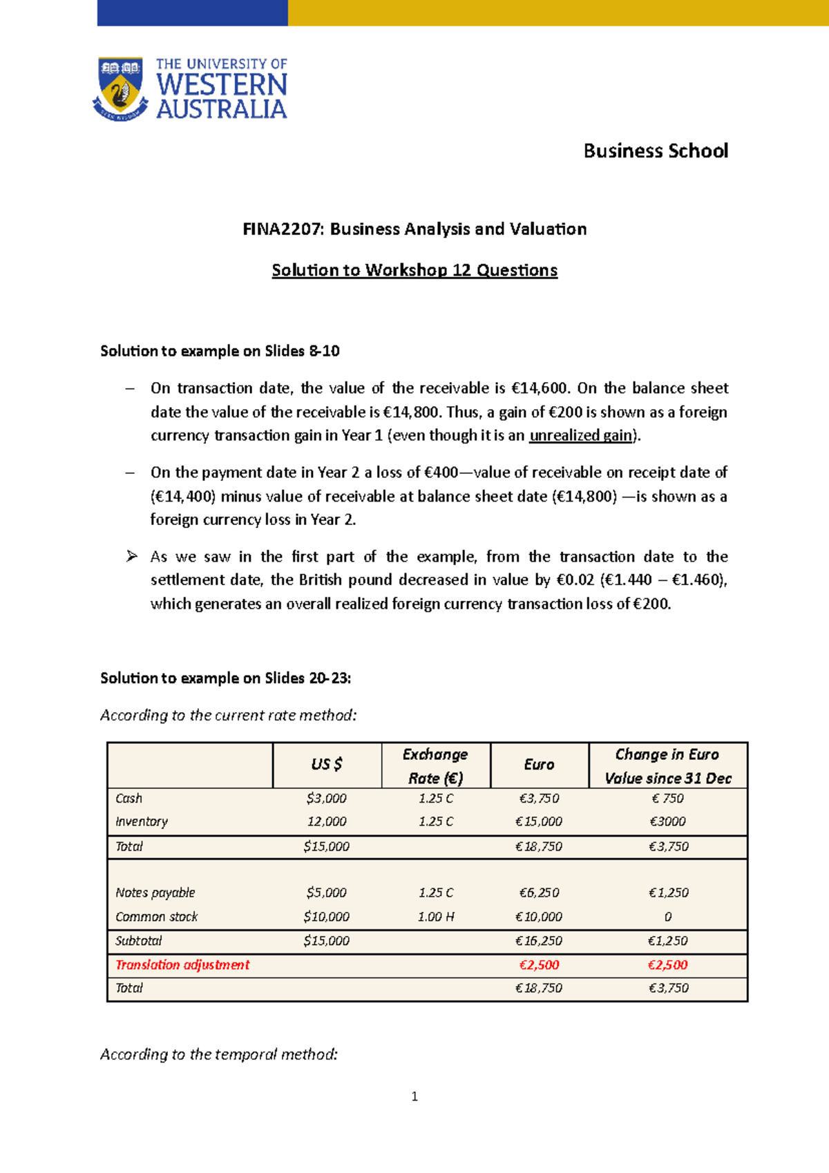 Solutions Workshop 12 - Business School FINA2207: Business Analysis and ...
