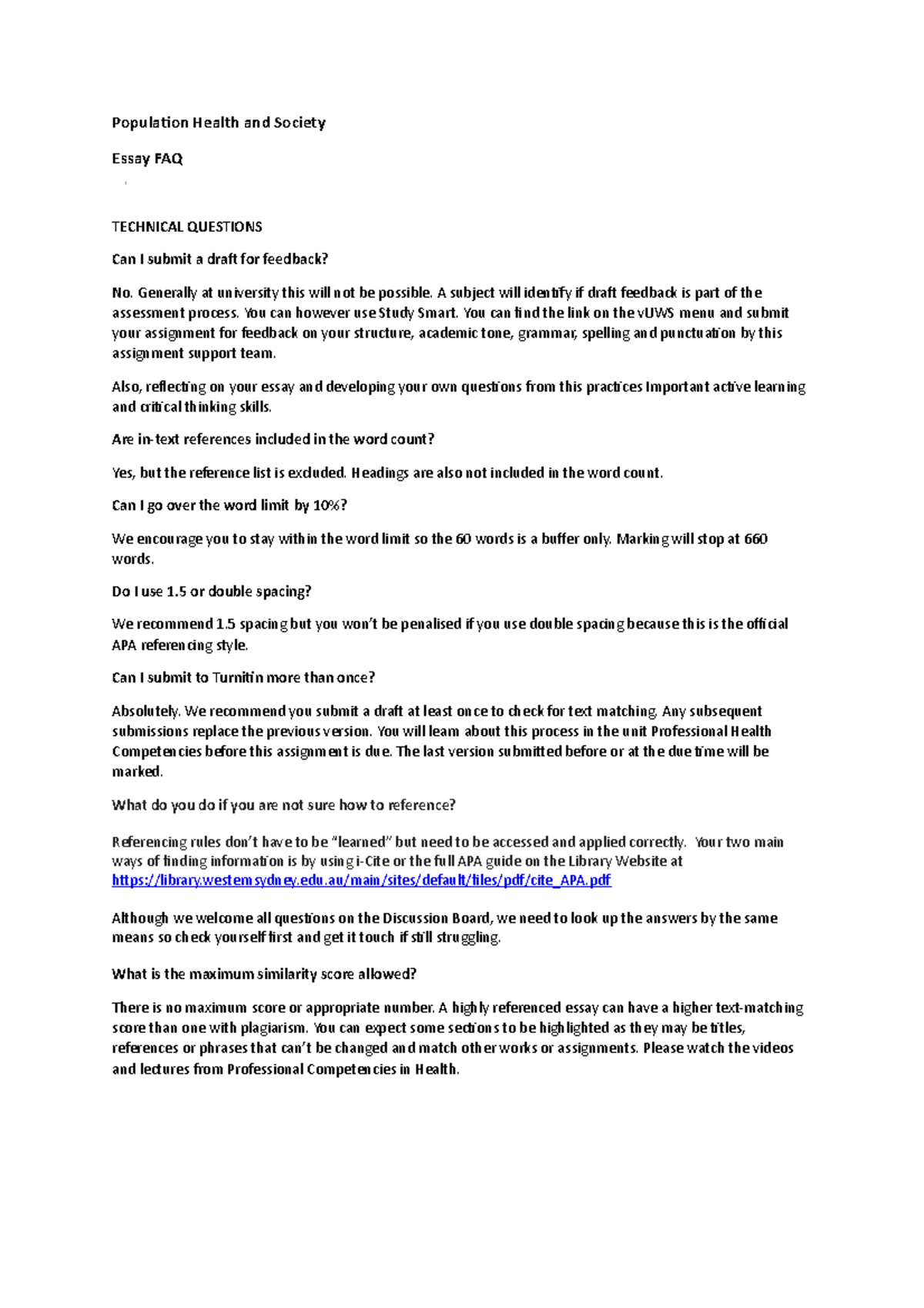 Essay Assignment FAQ sheet - Population Health and Society Essay FAQ ...