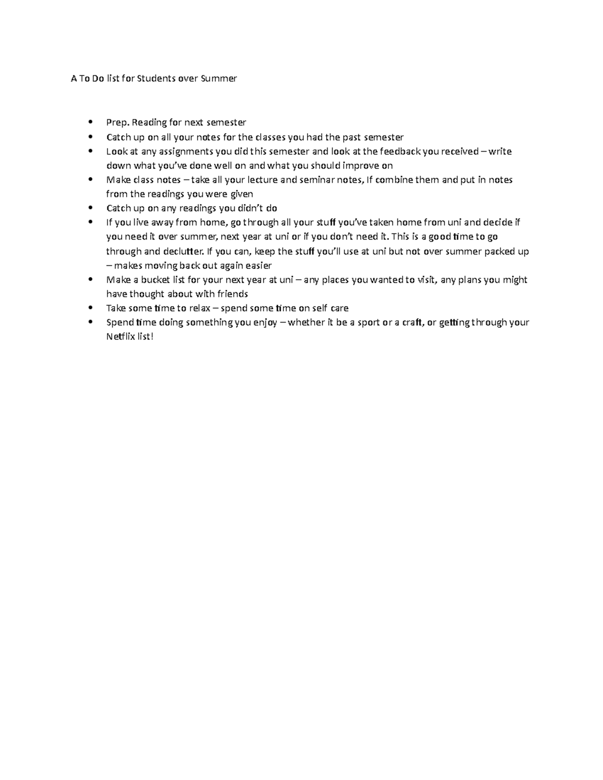 A To Do List For Students Over Summer Reading For Next Semester Catch